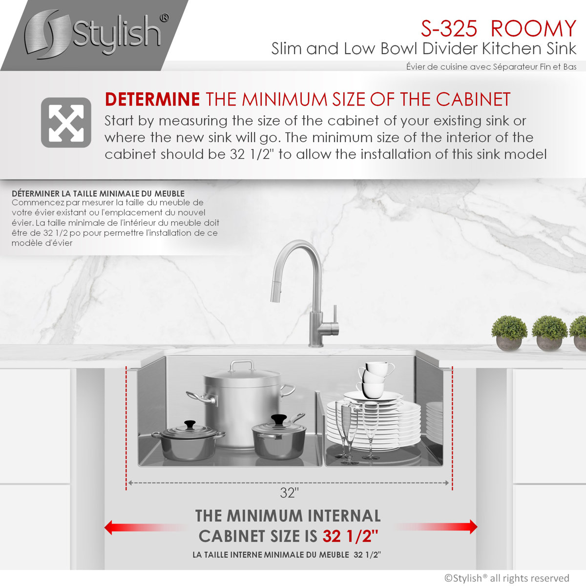 STYLISH 32 inch Low Divider 60/40 Double Bowl Undermount Kitchen Sink ...