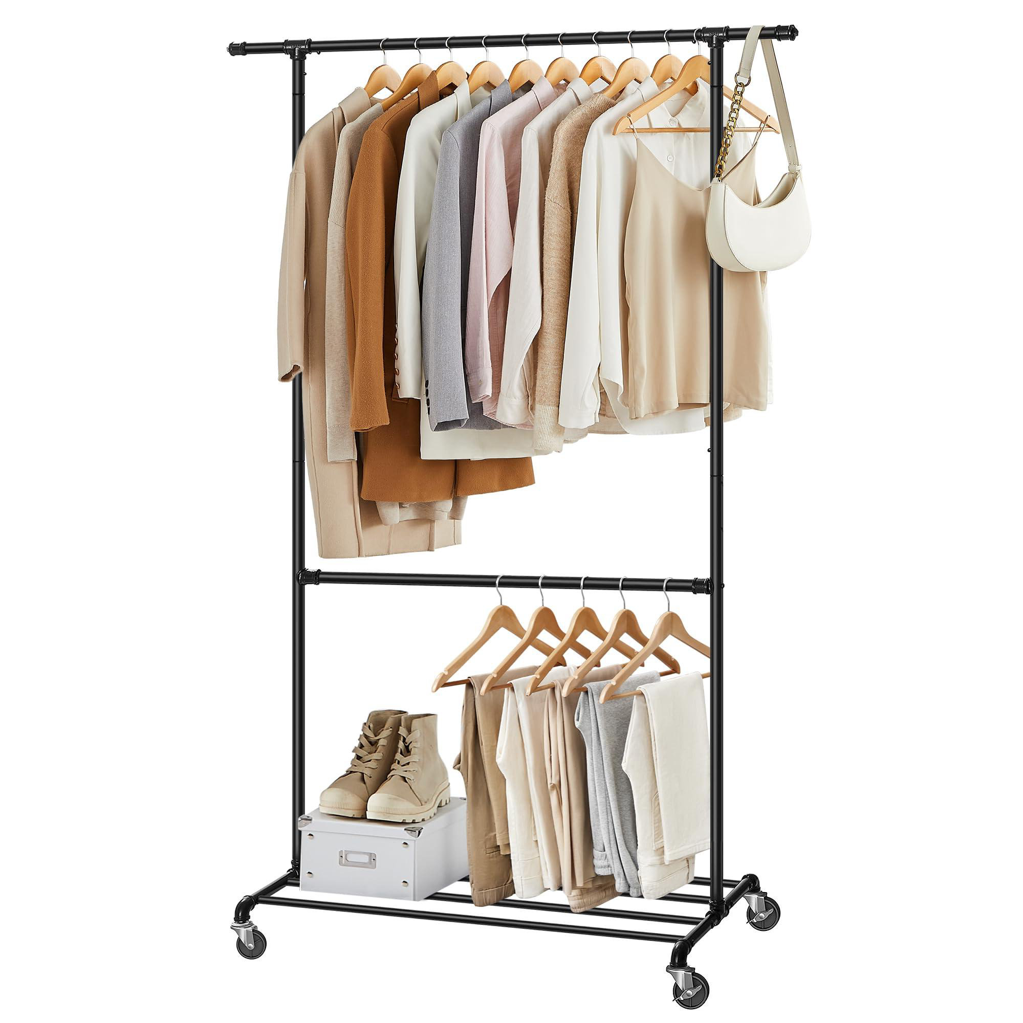 Rebrilliant Industrial Wind Wheeled Clothes Rack, Double Rod Metal ...