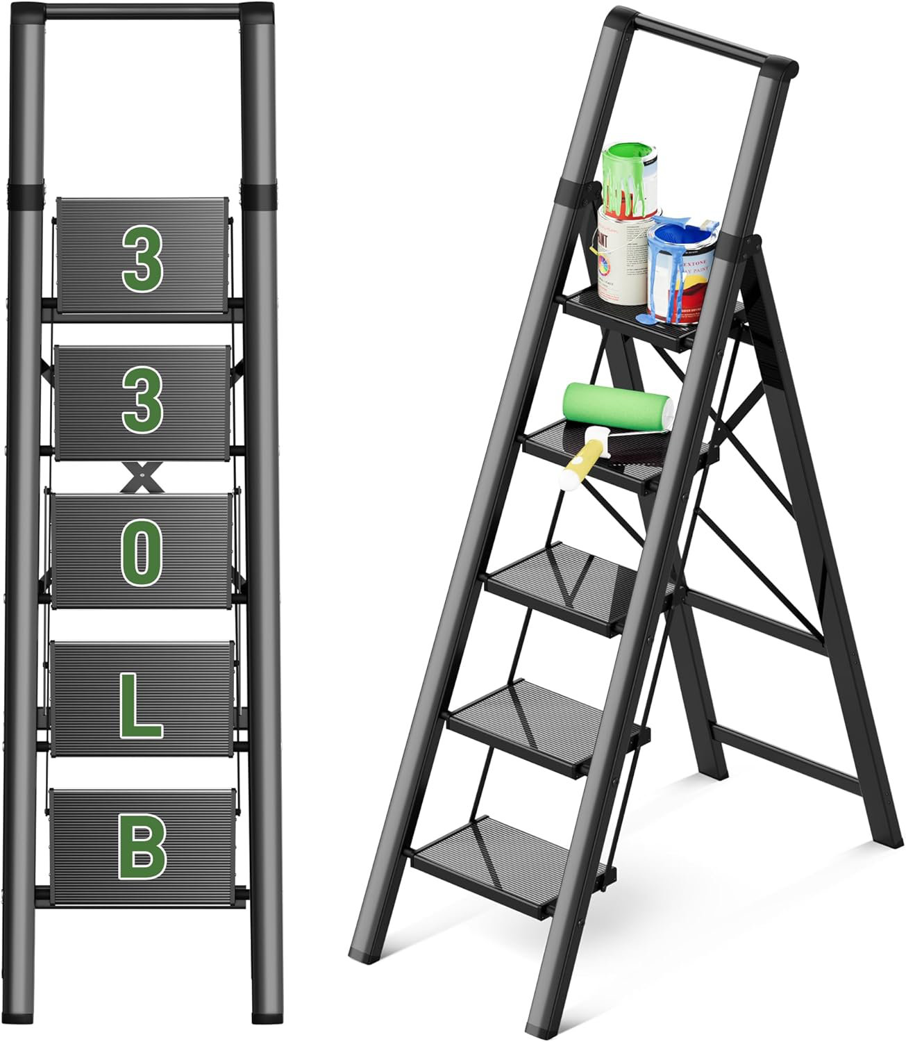 WFX Utility™ 5 Step Ladder, Foldable Step Stool, Aluminum Step Ladder ...