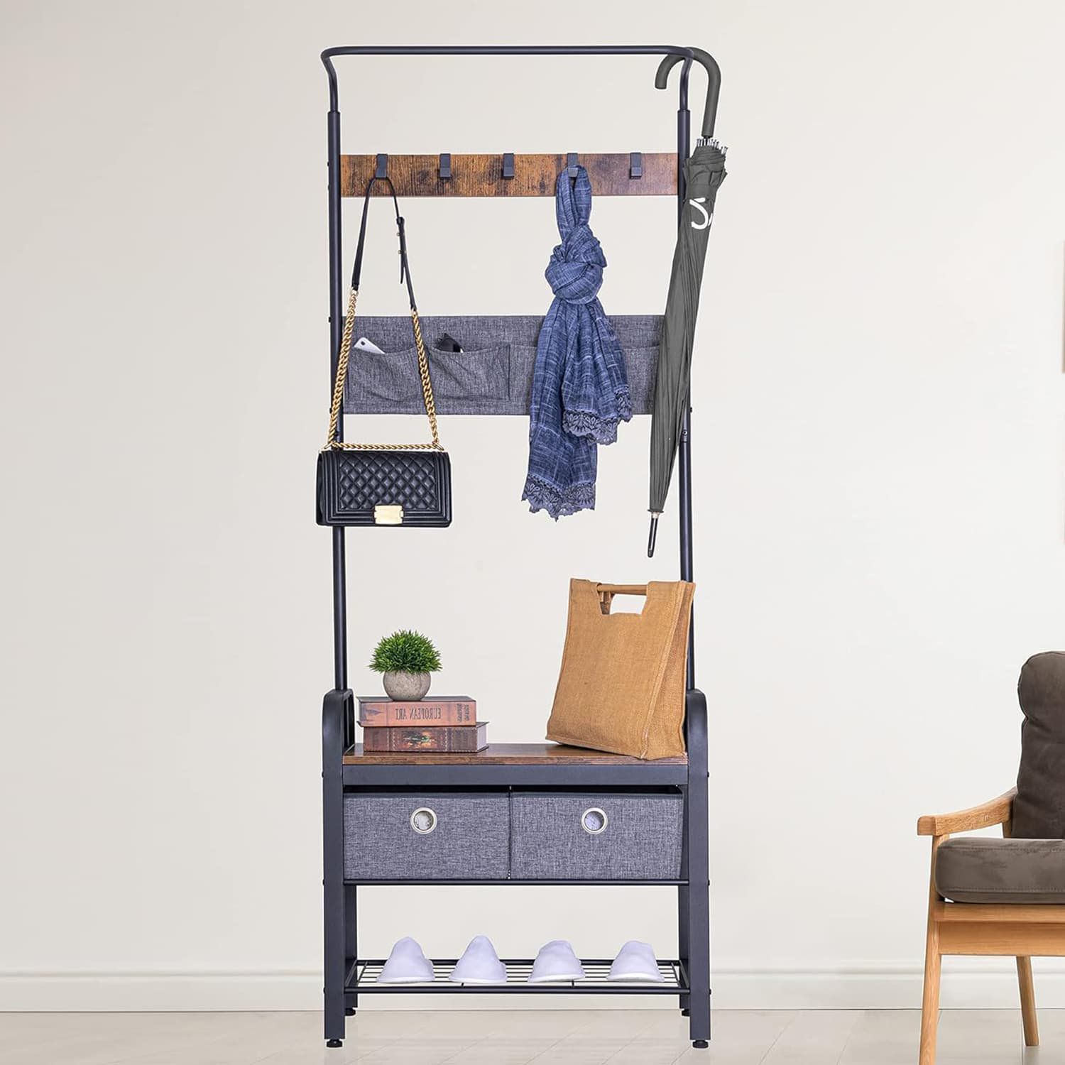 17 Stories Coat Rack 3 In 1 Hall Tree Entrance Coat Hanger, Wood ...