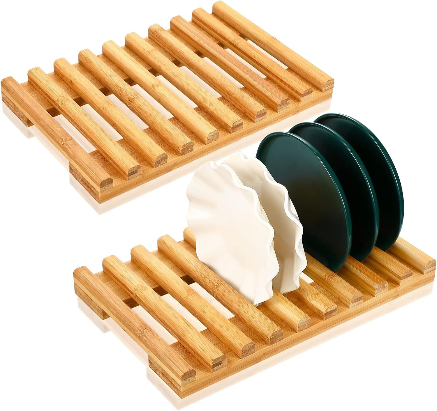 BY Family Bamboo Dish Rack Set Of 2 - 9 Slot Wooden Plate Organizer For ...