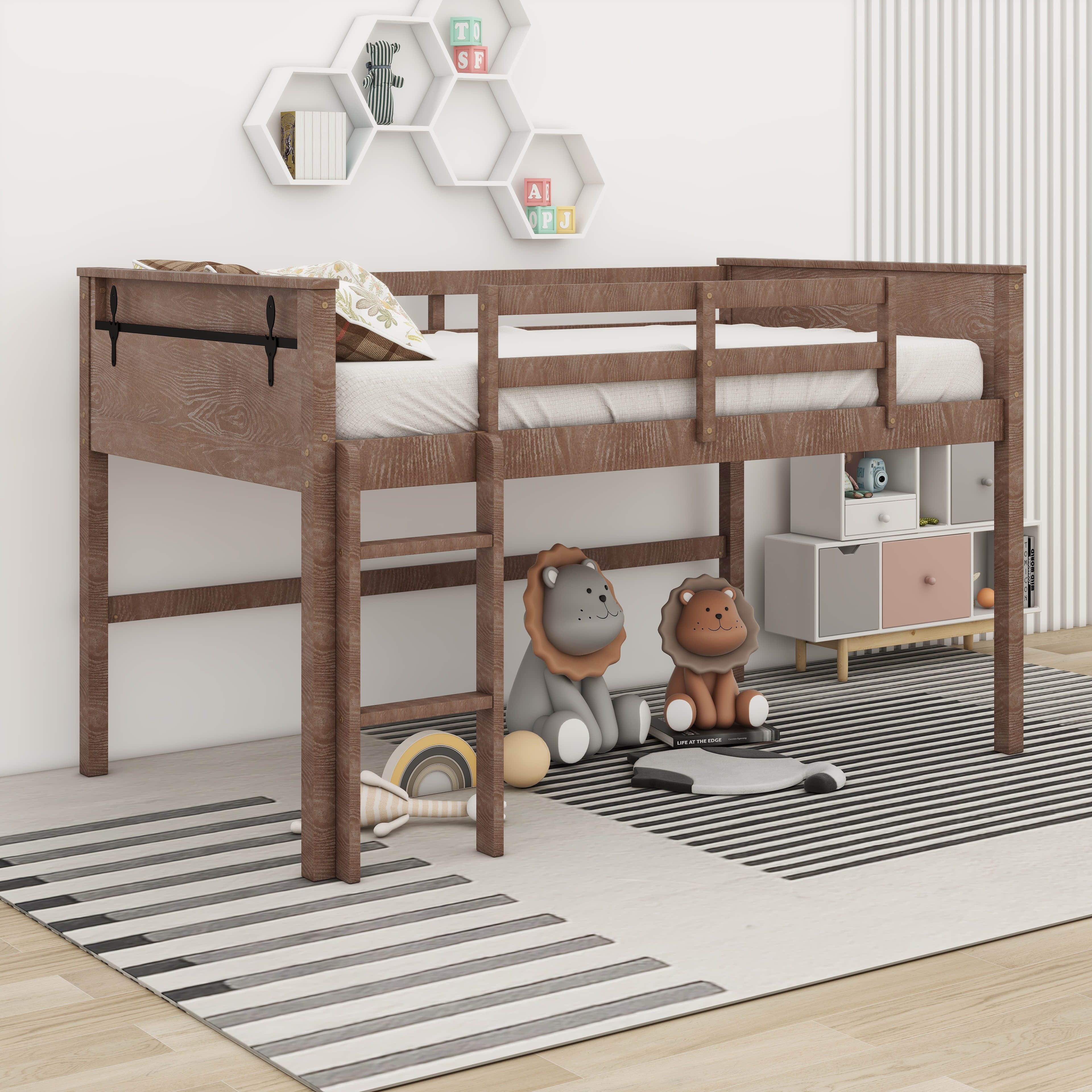 Harriet Bee Jadakis Wood Twin Size Loft Bed with Hanging Clothes Racks | Wayfair