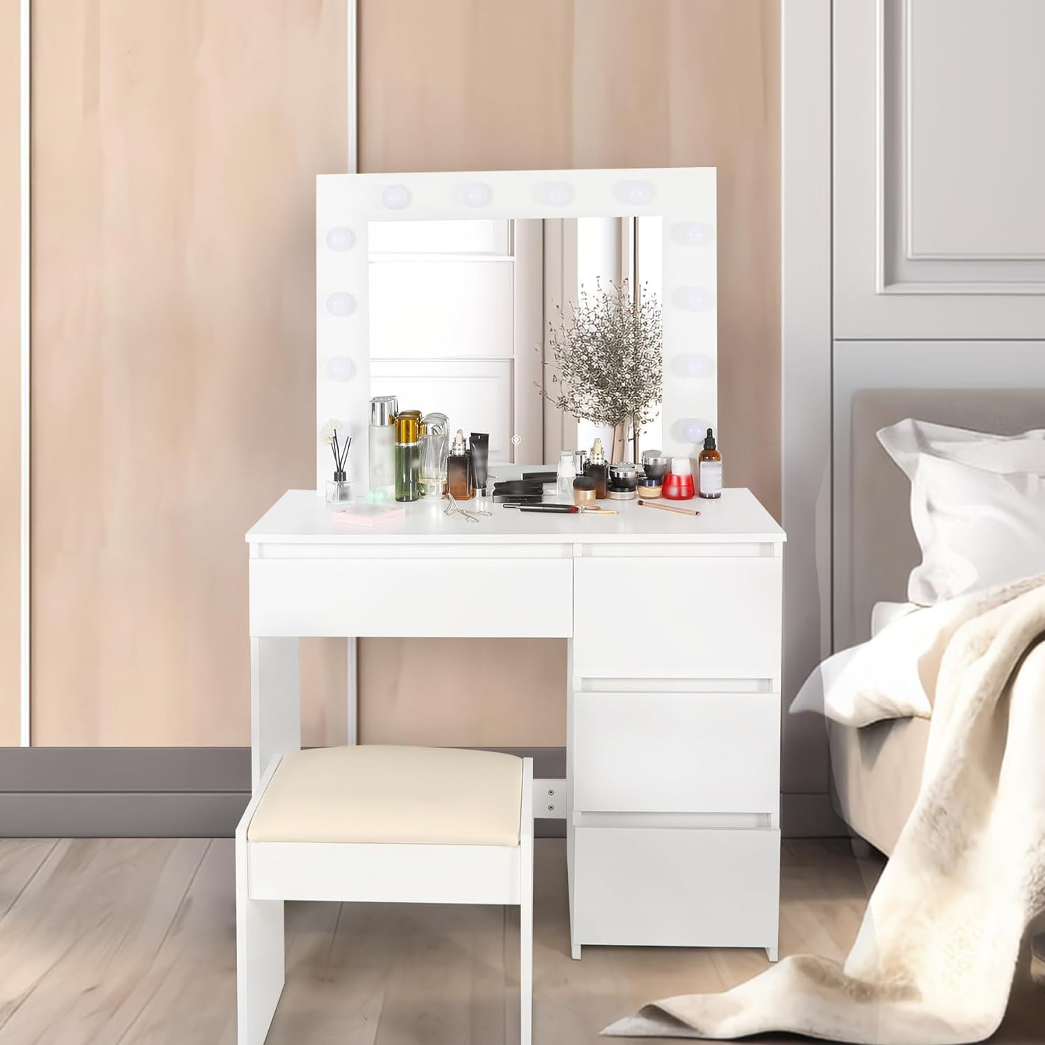 Ebern Designs Makeup Vanity Table Set with 4 Drawers & Move Cabinets ...