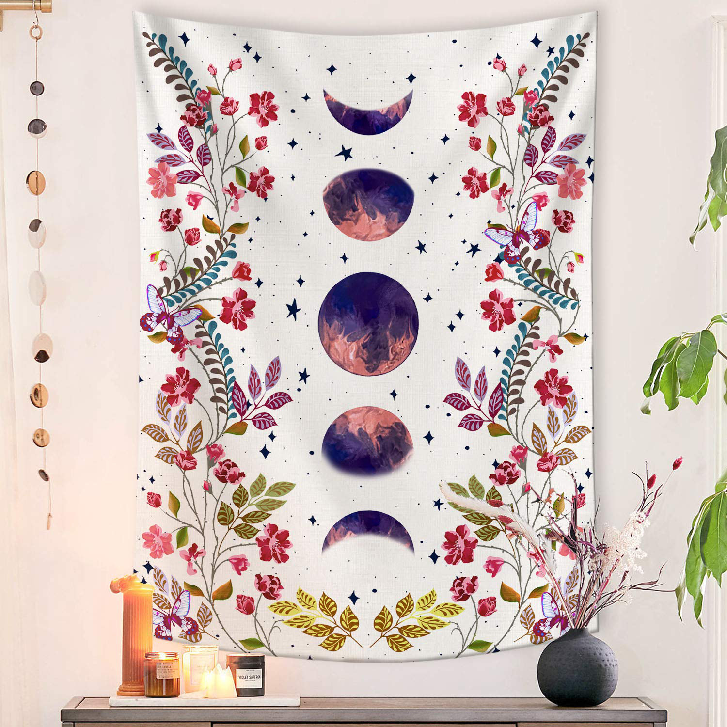 PET SUPPLY PLUS INC Moonlit Garden Tapestry, Moon Phase Surrounded By Vines And Flowers White ...