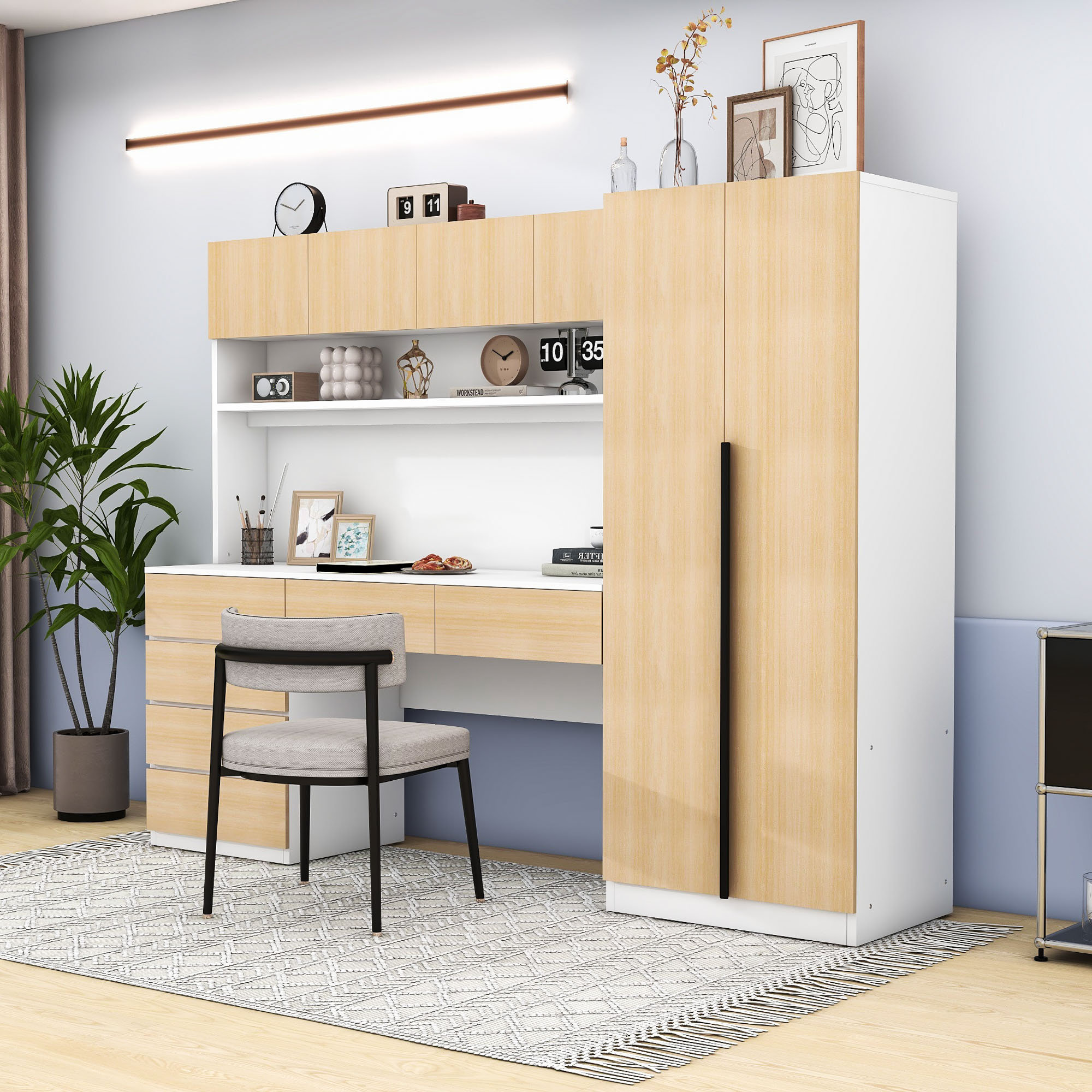 Ebern Designs 2-Door Wood Wardrobe with Desk, Shelves and 6 Drawers ...