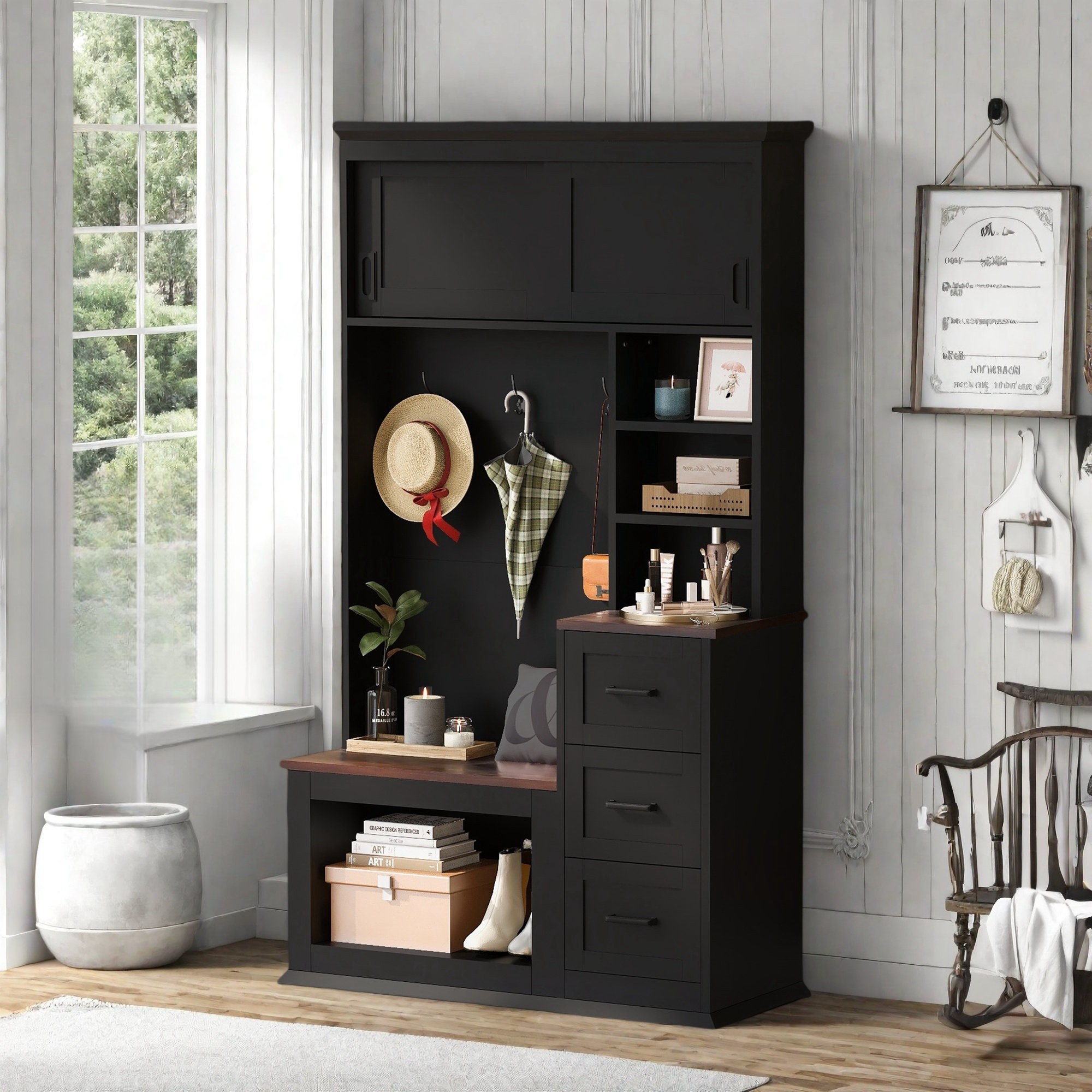 Lark Manor Modern 40.2'' Hall Tree With Storage Bench, Coat Rack, 3 ...