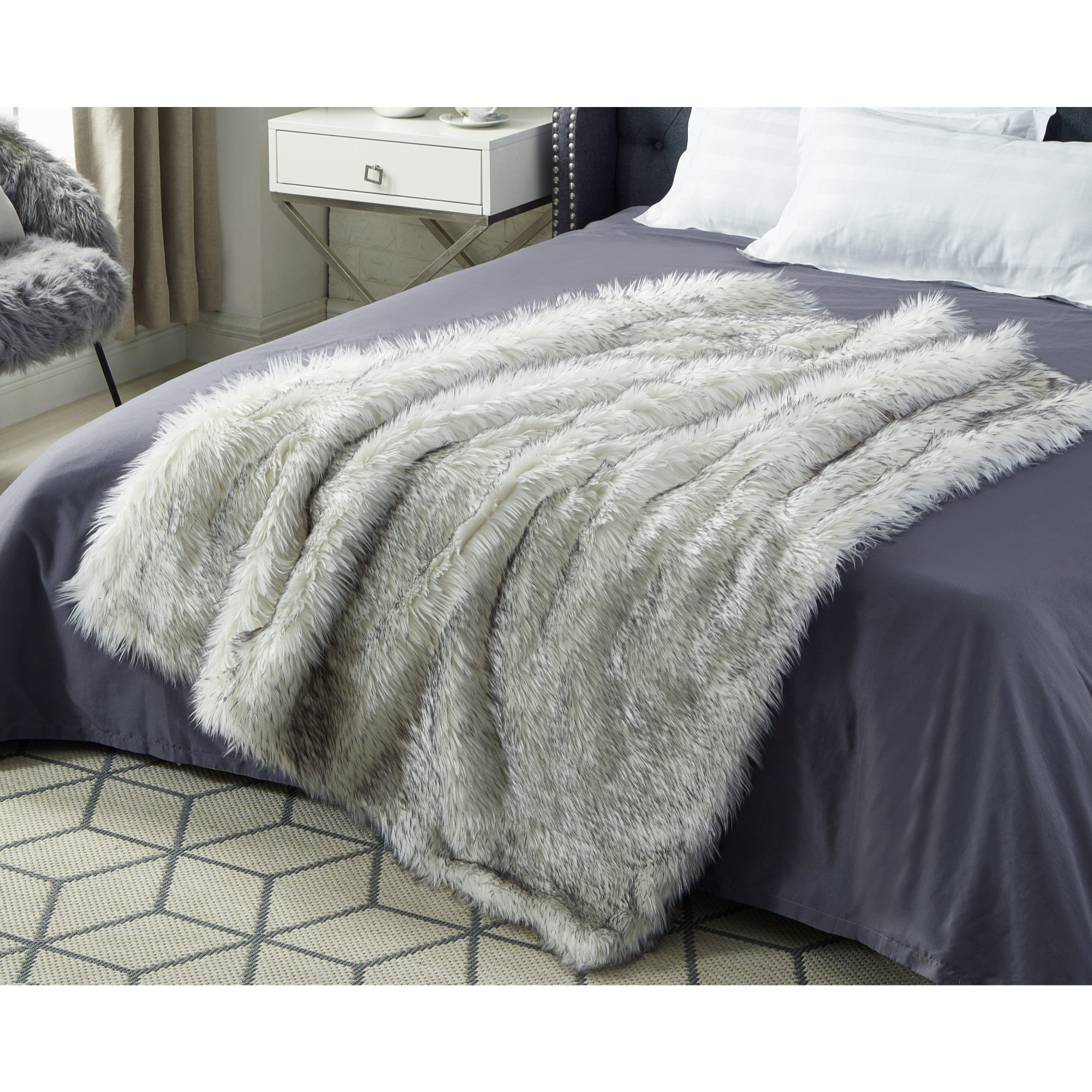 Cozy Tyme Waleed Faux Wolf Fur Throw Reverse Micromink 50" x 60 ...