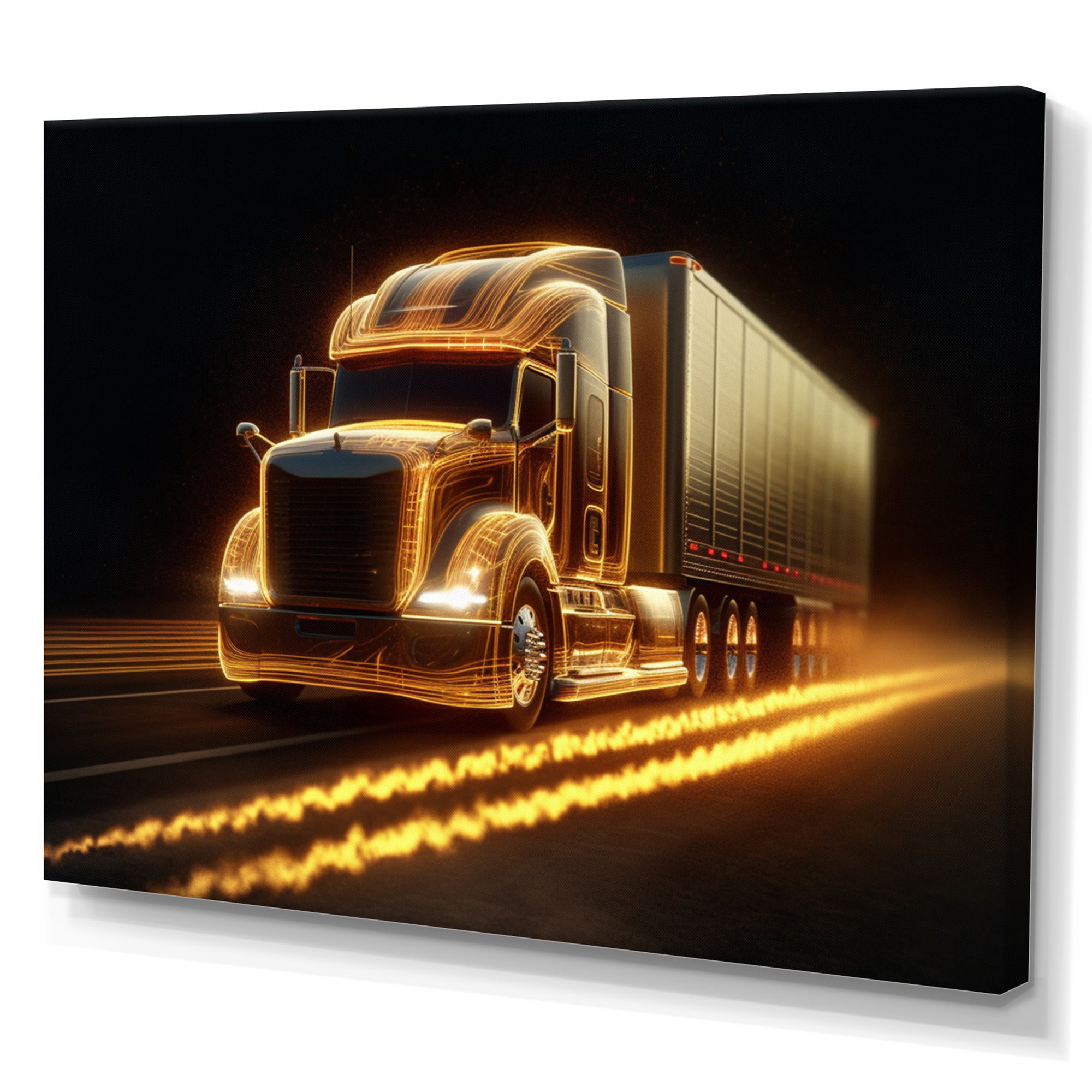 Ebern Designs Yellow Neon Semi Truck On Canvas Print | Wayfair