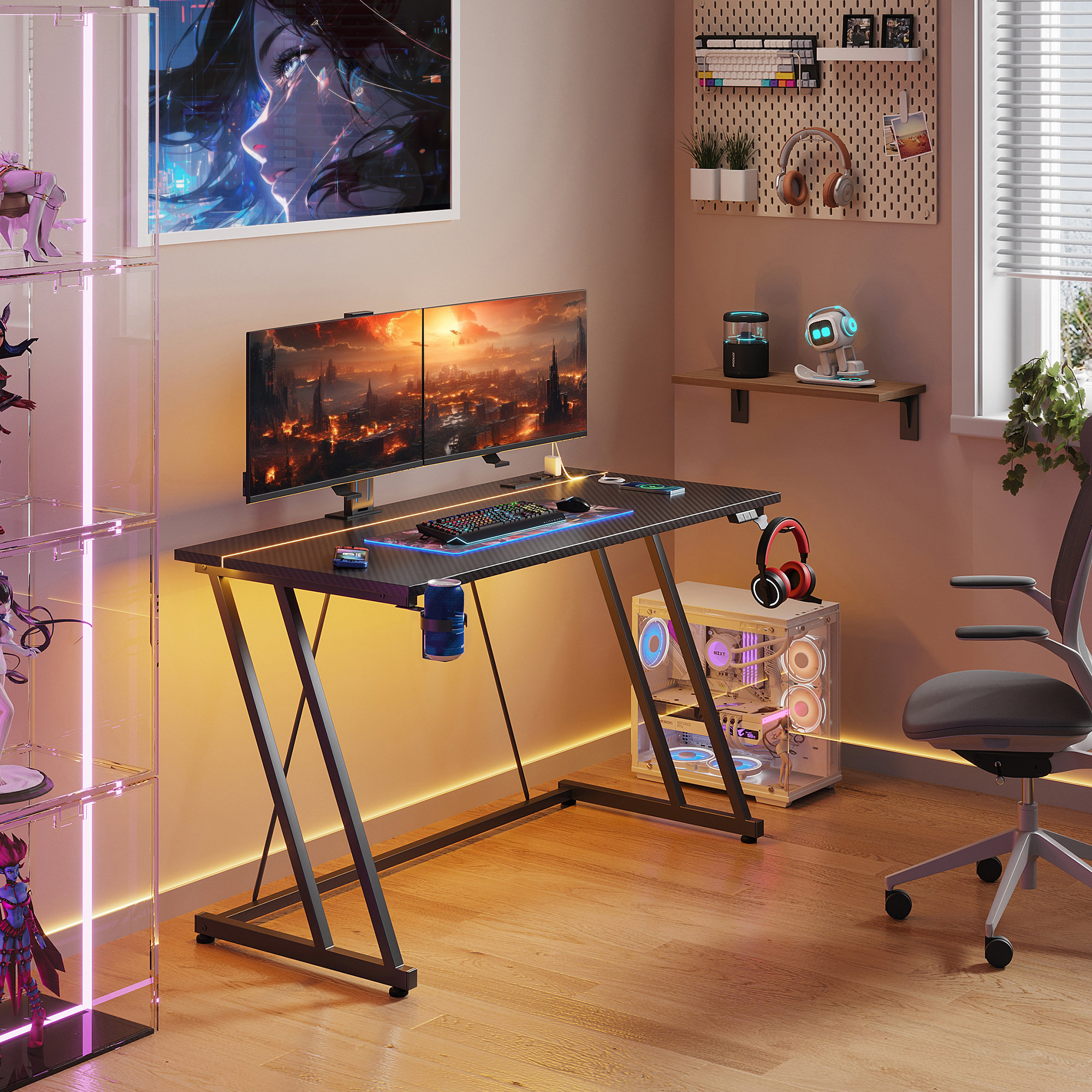 Inbox Zero Maryama Gaming Desk with Built-in LED Lights,Computer Desk ...