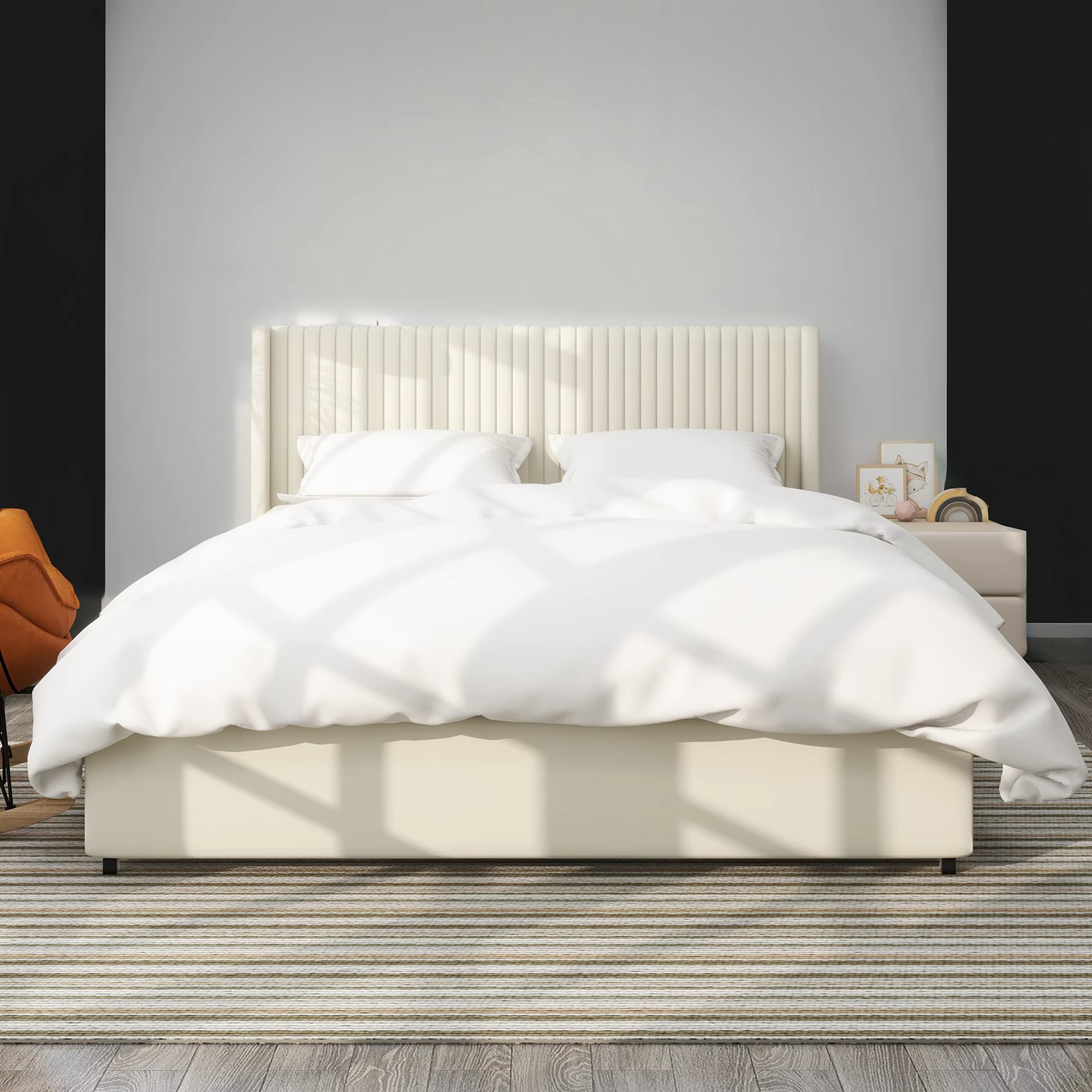 Latitude Run® Queen Size Ivory Velvet Upholstered Wingback Platform Bed ...