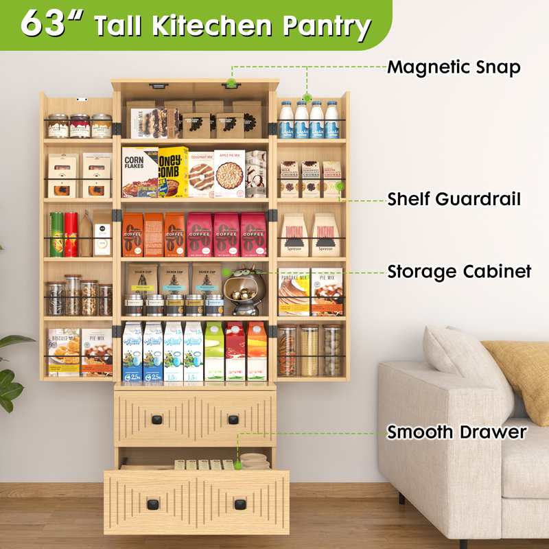 PPorfamilia 61" Small Kitchen Pantry Storage Cabinet With Drawers | Wayfair