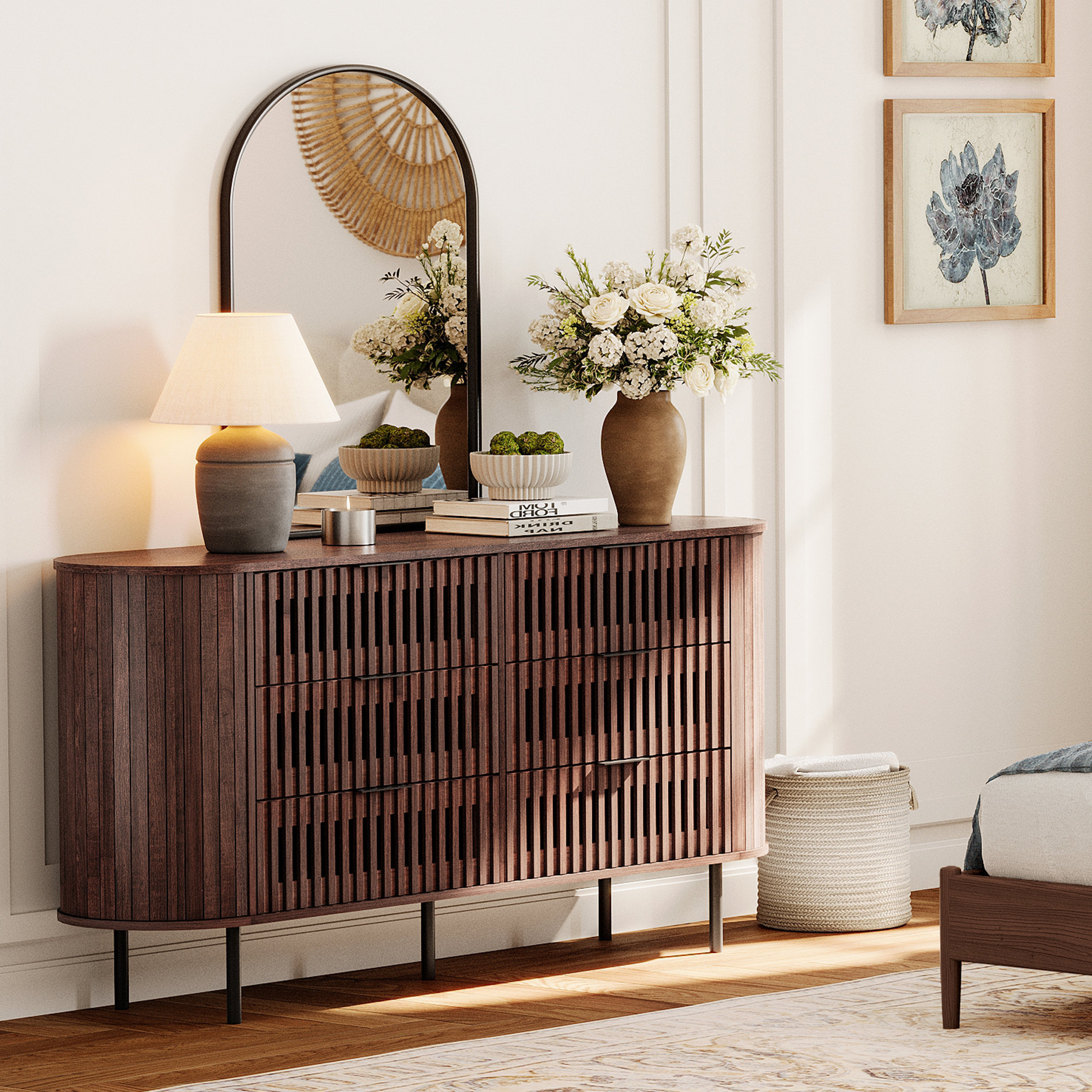 Ebern Designs 62" Dresser With Slatted Design, 6 Deep Drawers, Ideal ...