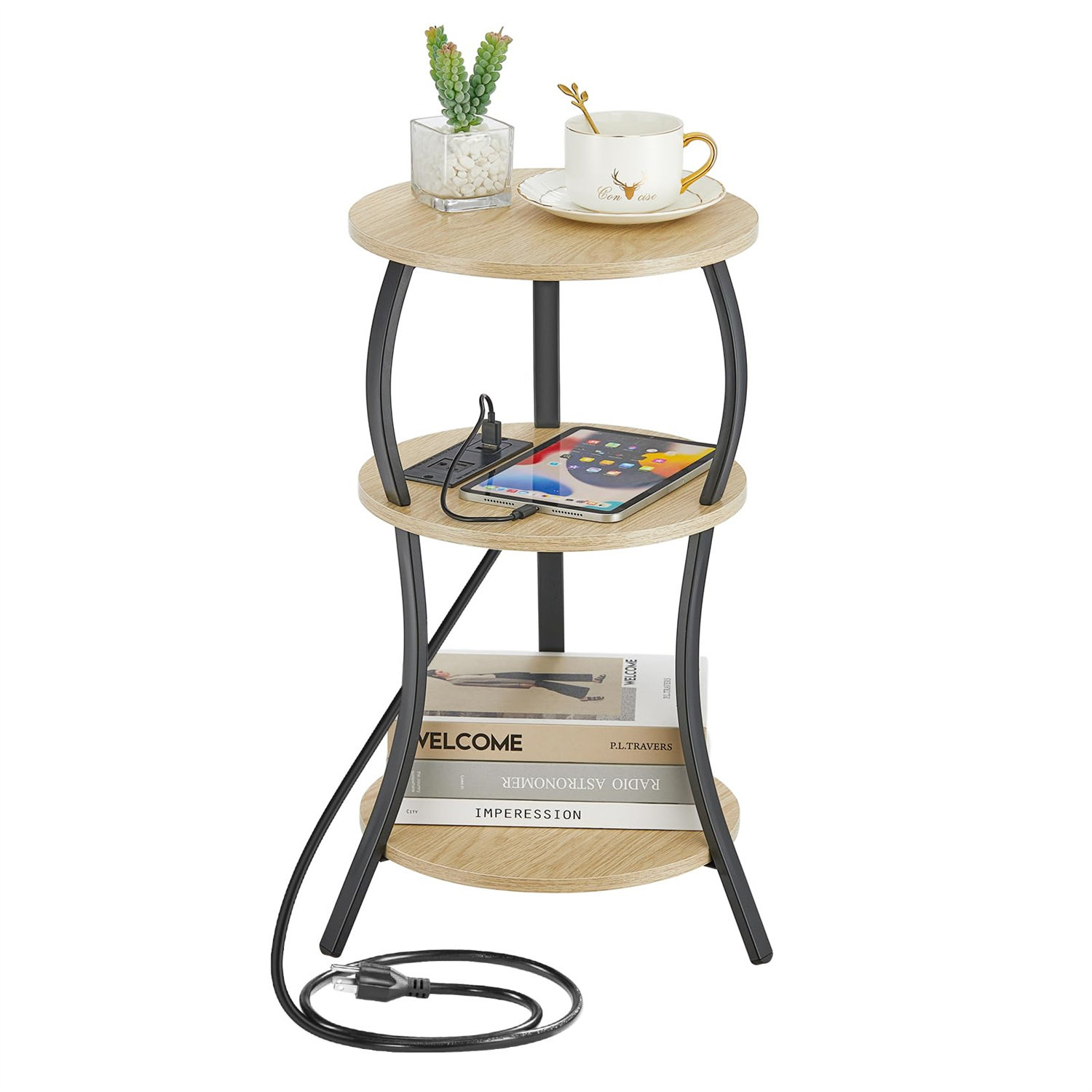 Latitude Run® Round Charging Side Table - 3-Tier Compact Table with USB ...