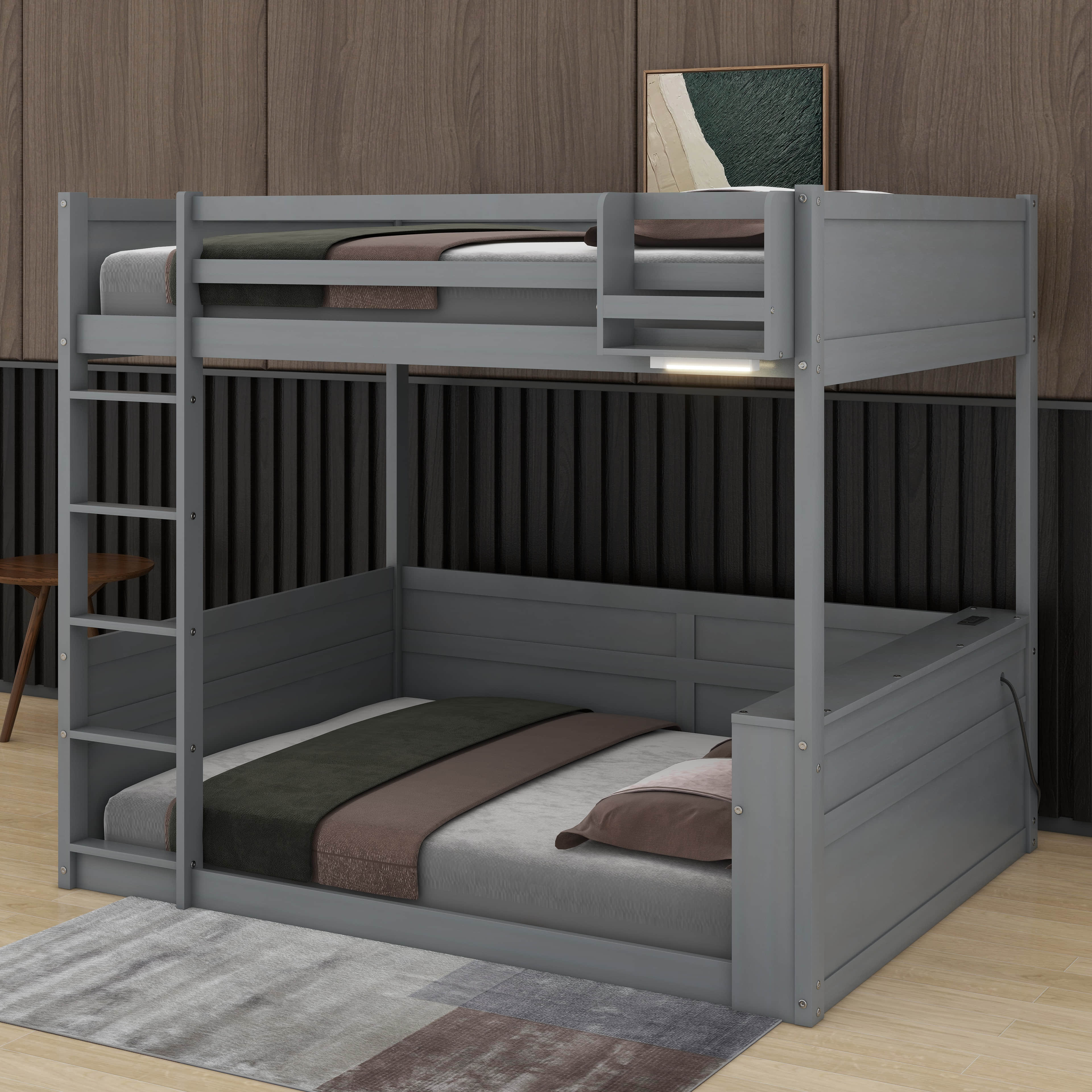 Harriet Bee Queen Bunk Bed With Shelves,Storage Box,LED Light And USB ...