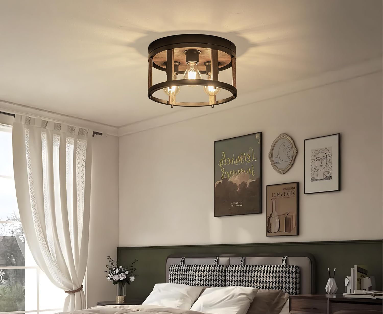 MABOSY 3-Light Retro Farmhouse Flush Mount Ceiling Light Round Vintage ...