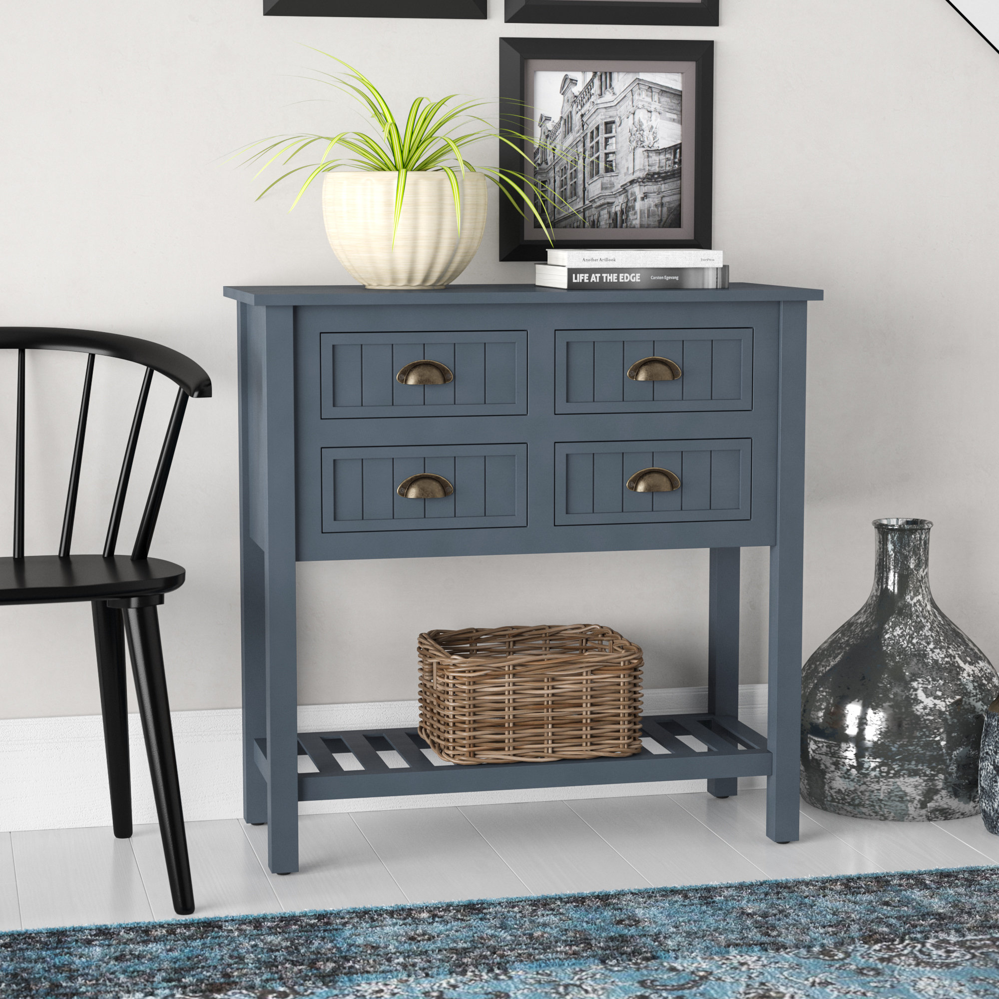 August Grove® Bailey Bead Board Four-Drawer Console Table with Shelf ...