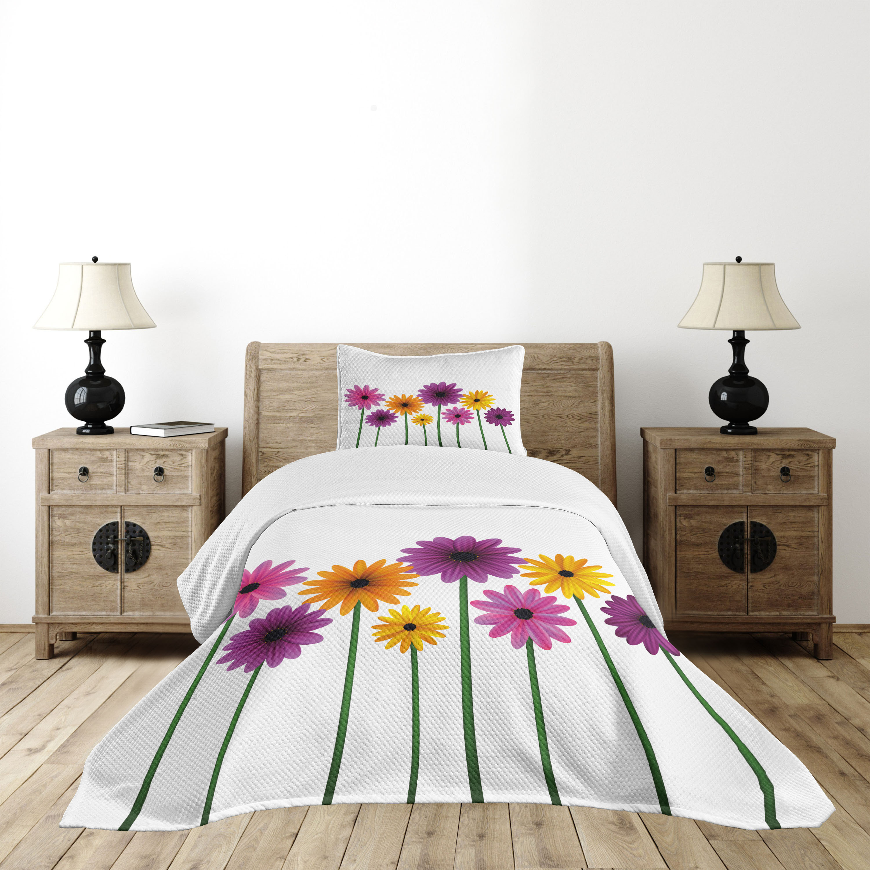Ambesonne Gerber Daisy Bedspread Set Simple Spring Flowers Multicolor ...