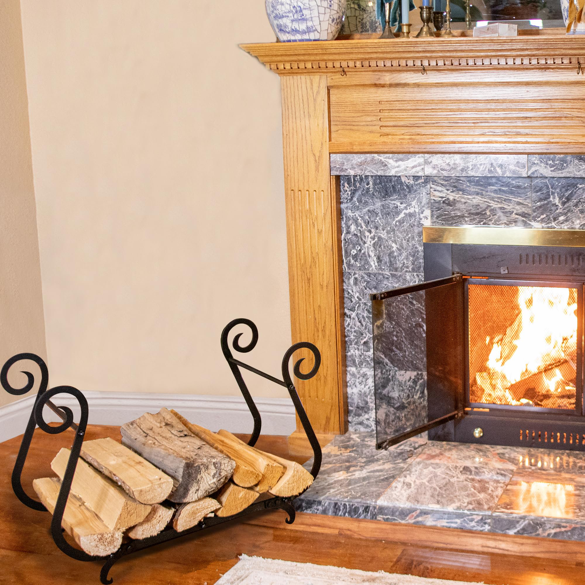 Lark Manor Heavy-Duty Wrought Iron Log Rack For Indoor Fireplace And ...