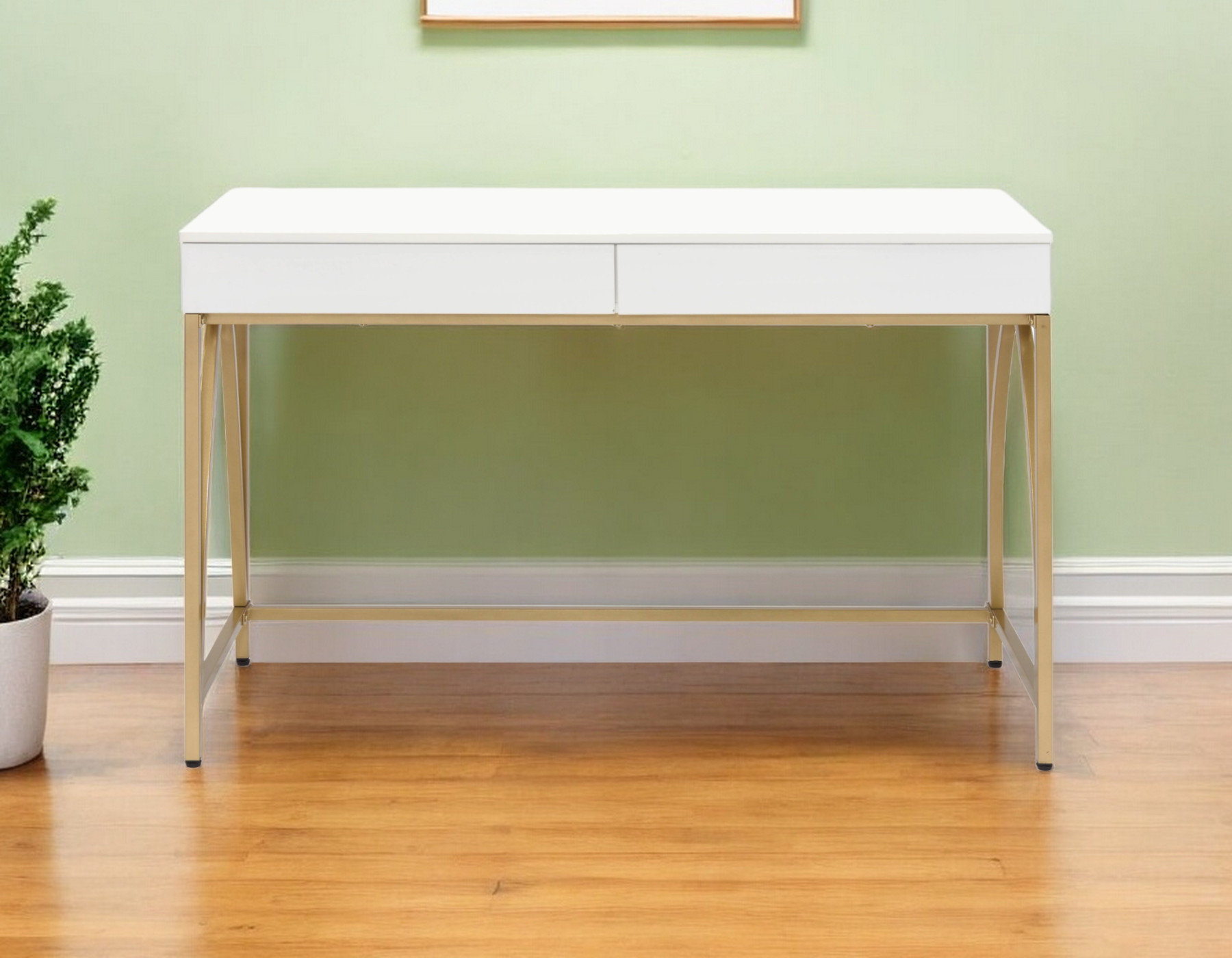 HomeRoots 50" White and Gold Writing Desk With Two Drawers | Wayfair