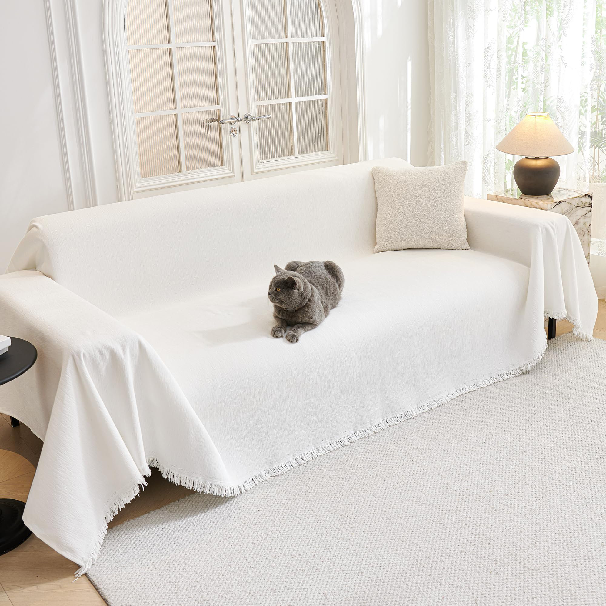 FEIYAN Couch Covers For Pets Thick Chenille White Cream Sofa Slipcover ...