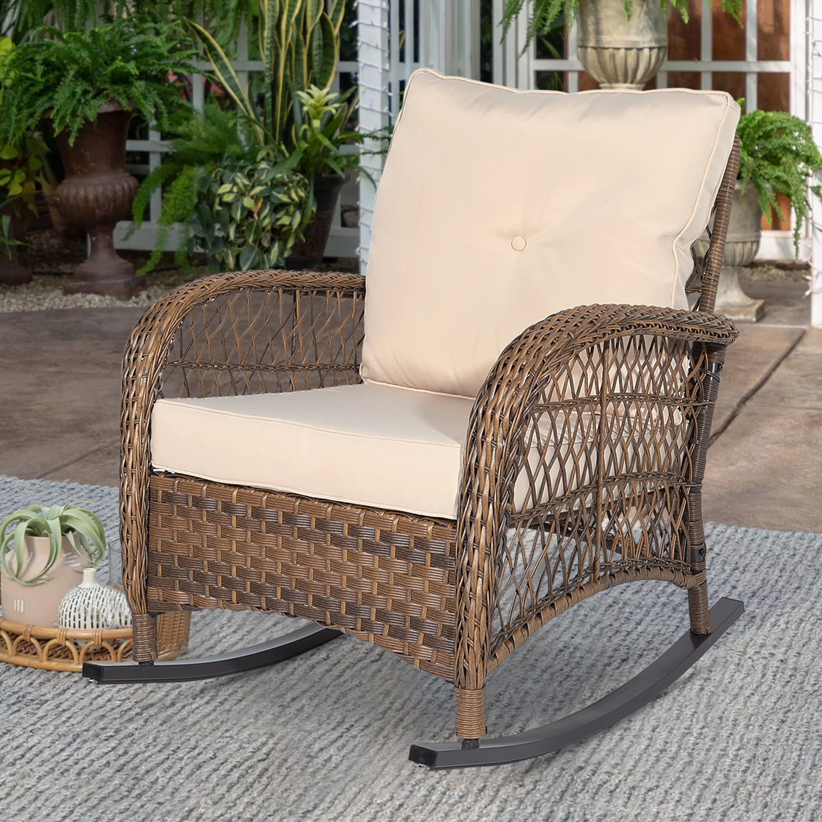 Bayou Breeze Outdoor Matrix Rocking Wicker/Rattan Chair with Cushions ...