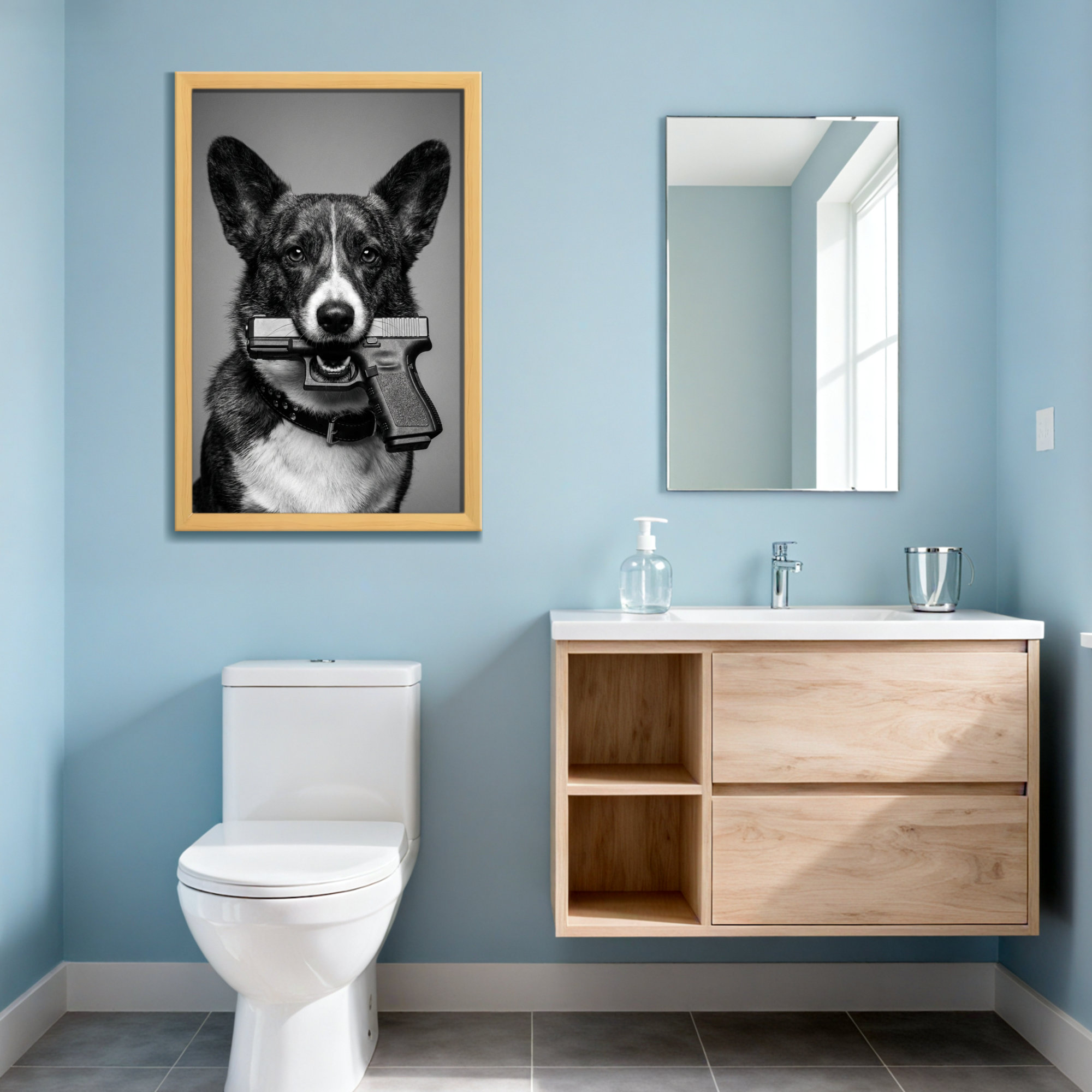Ebern Designs Animals Dog Holding Gun In Mouth Portrait | Wayfair