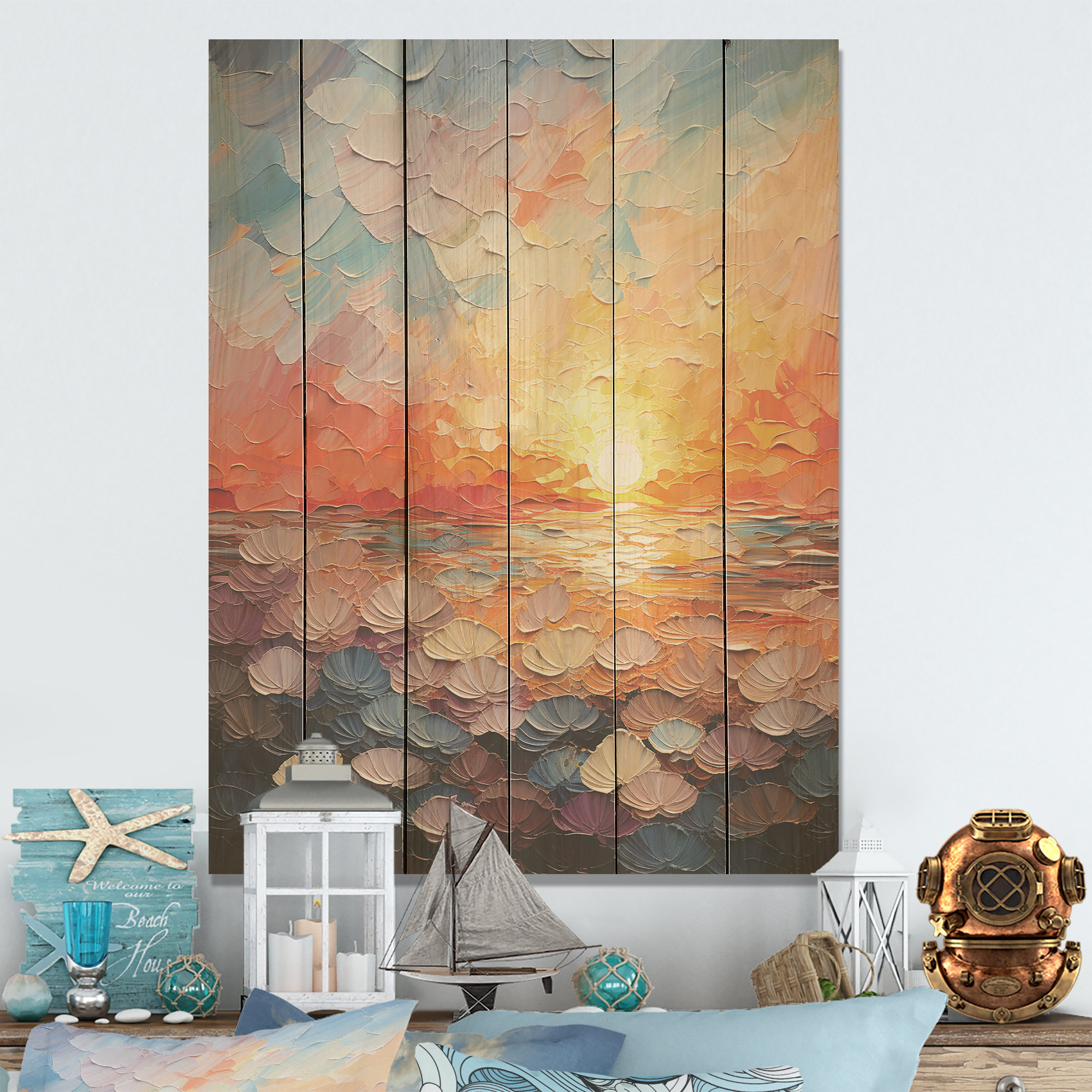 Lark Manor™ Coastal Harmony Dreamscape Sunset I - Seashell Wood Art On ...