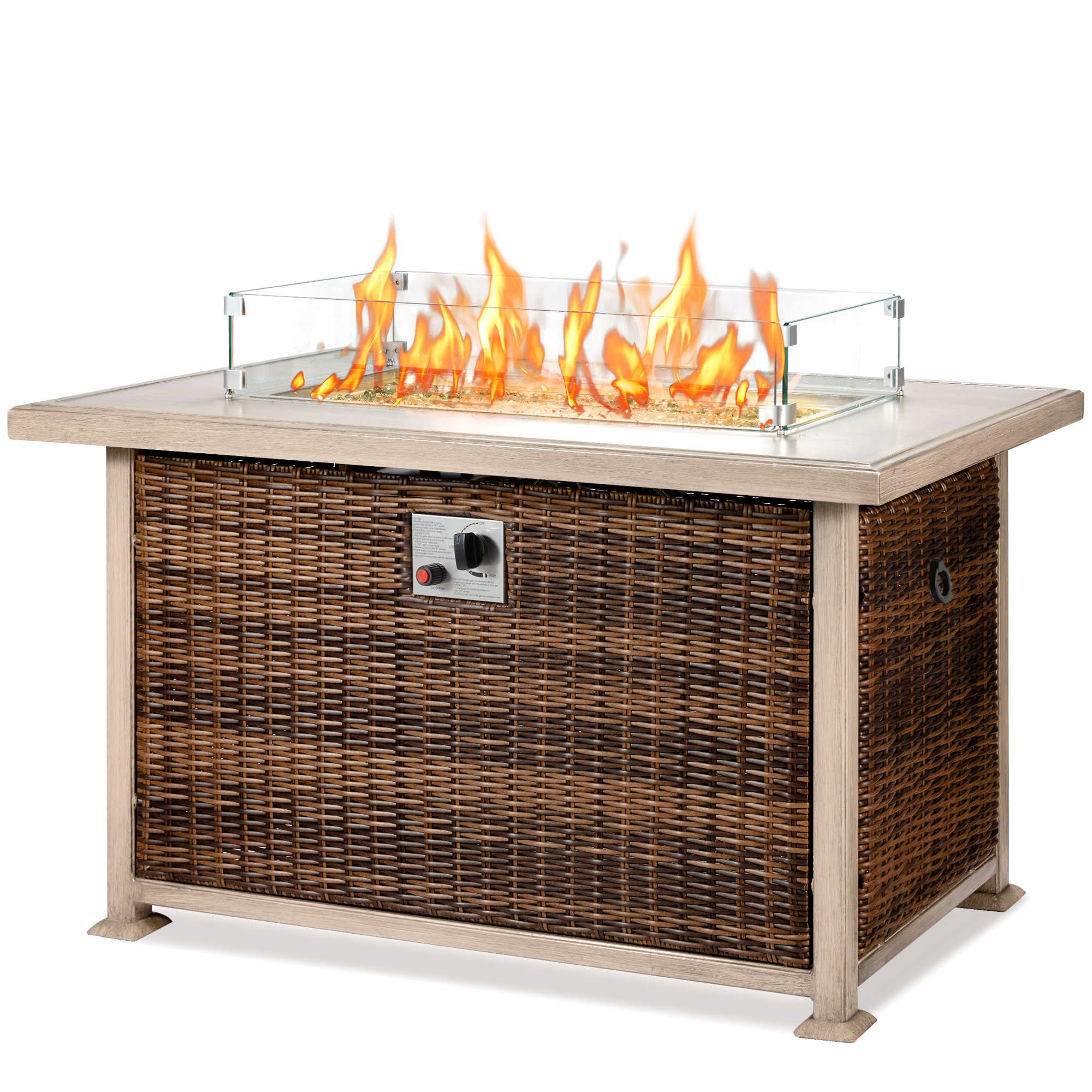 Latitude Run® Outdoor Rectangular Rattan Propane Gas Fire Pit Table for ...