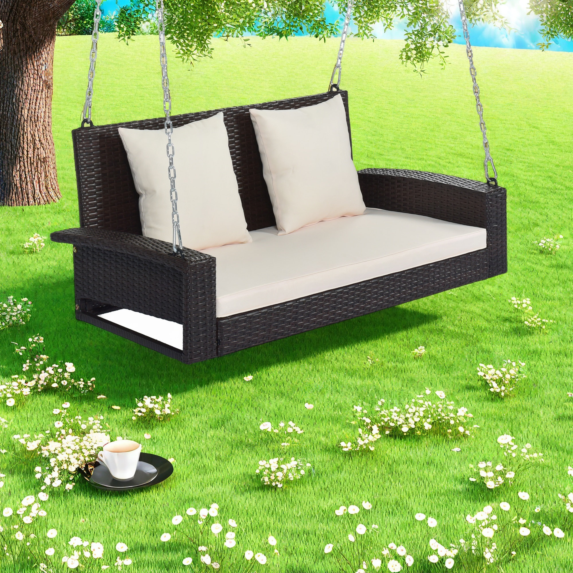 Winston Porter 2-Person Wicker Hanging Porch Swing With Chains, Cushion, Pillow, Rattan Swing ...