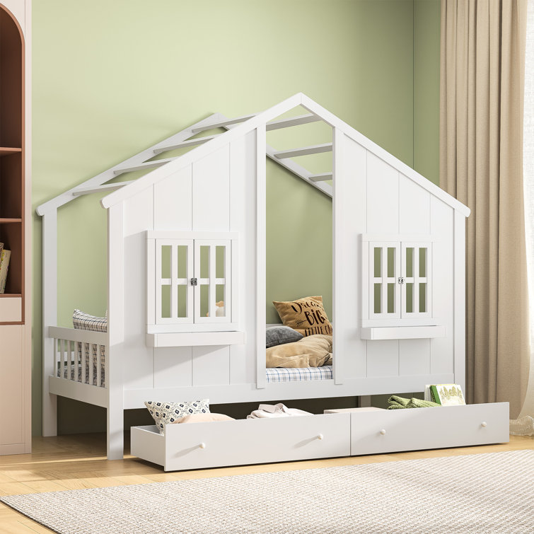 Harriet Bee Solid Wood Cabin Bed With Roof And 2 Storage Drawers ...