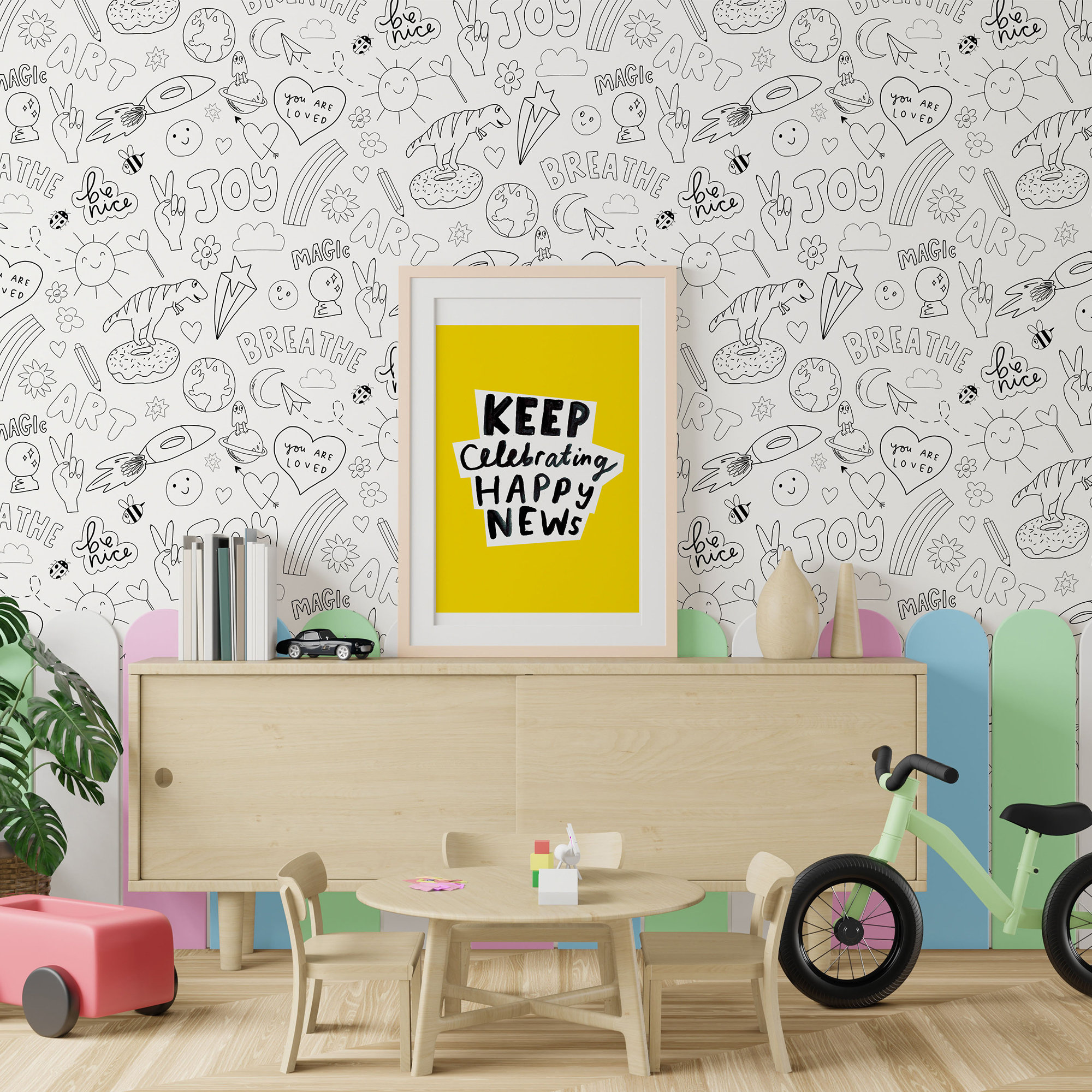 Zoomie Kids Akol Sticker Doodle Mono Wallpaper | Wayfair