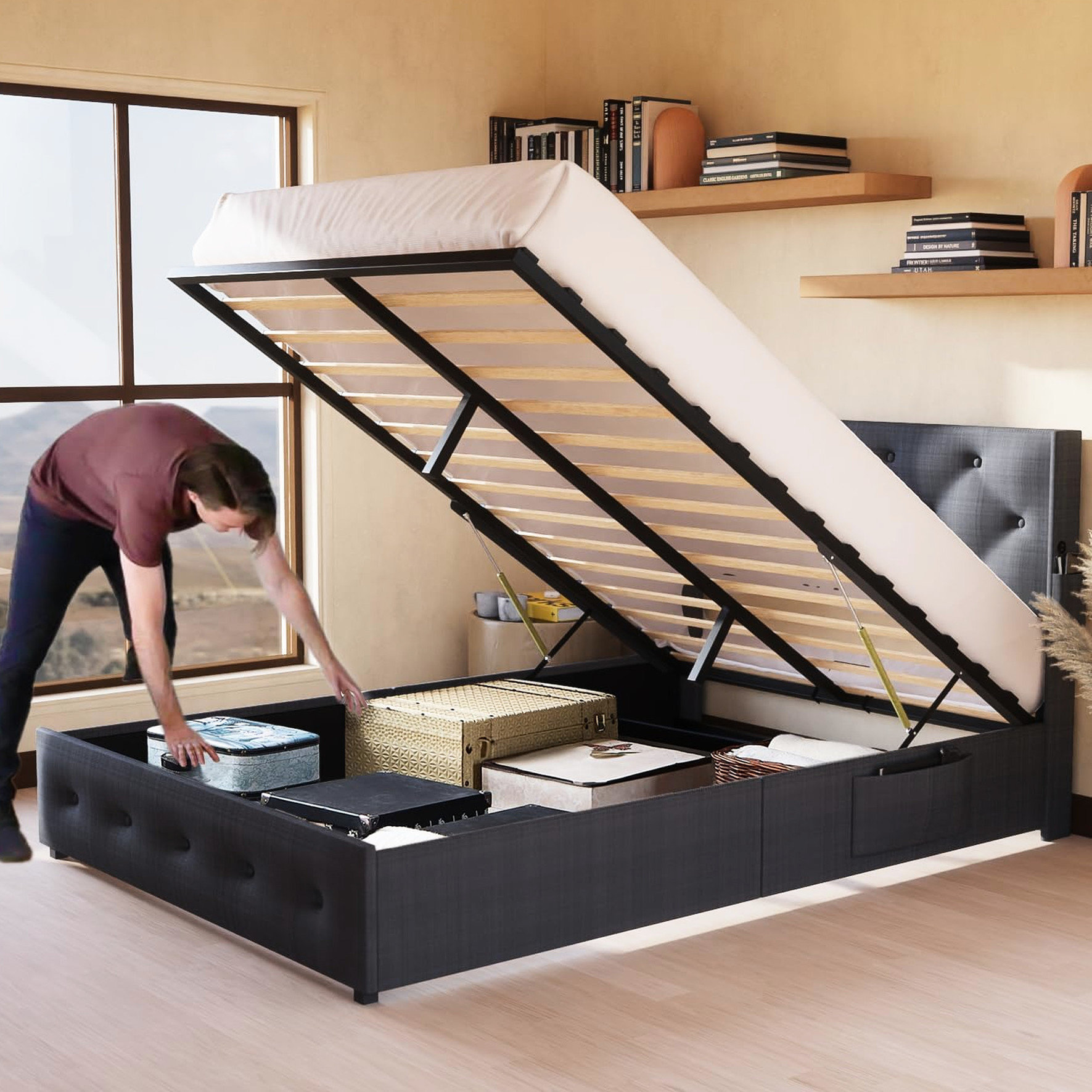 Latitude Run® Full Size Lift Storage Bed, Modern Design, Wingback ...