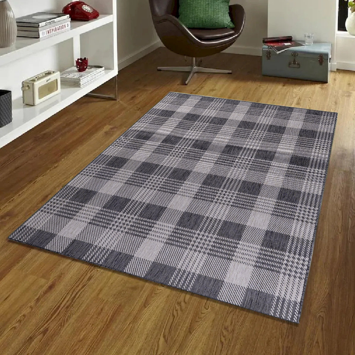 Gracie Oaks Oksana Black And Gray Plaid Indoor/Outdoor Rug | Wayfair