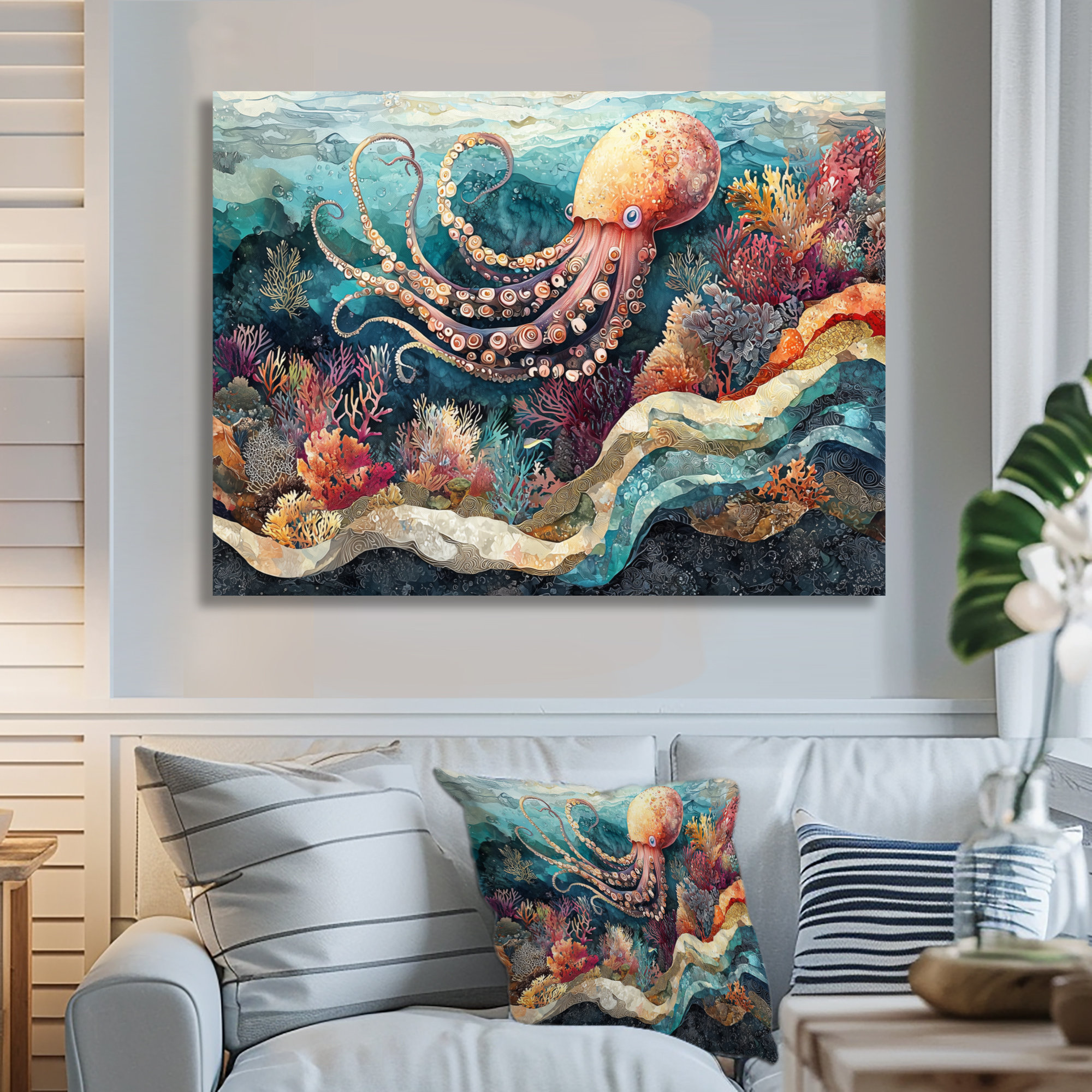 Highland Dunes Abstract Squid In Coral Colorful Collages I - Squid Wall ...