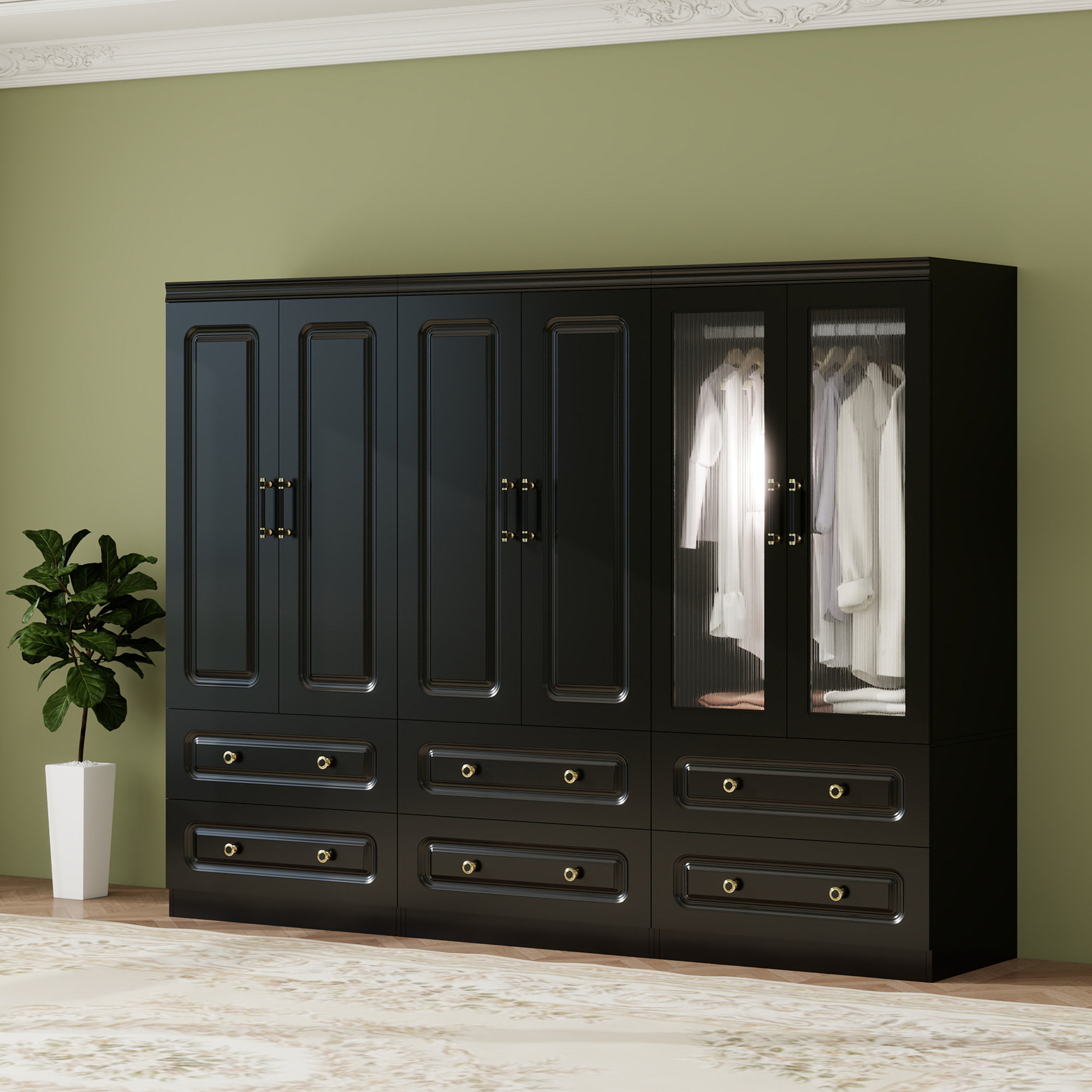 Red Barrel Studio Black Armoire Wardrobe Closet with Six Doors ...