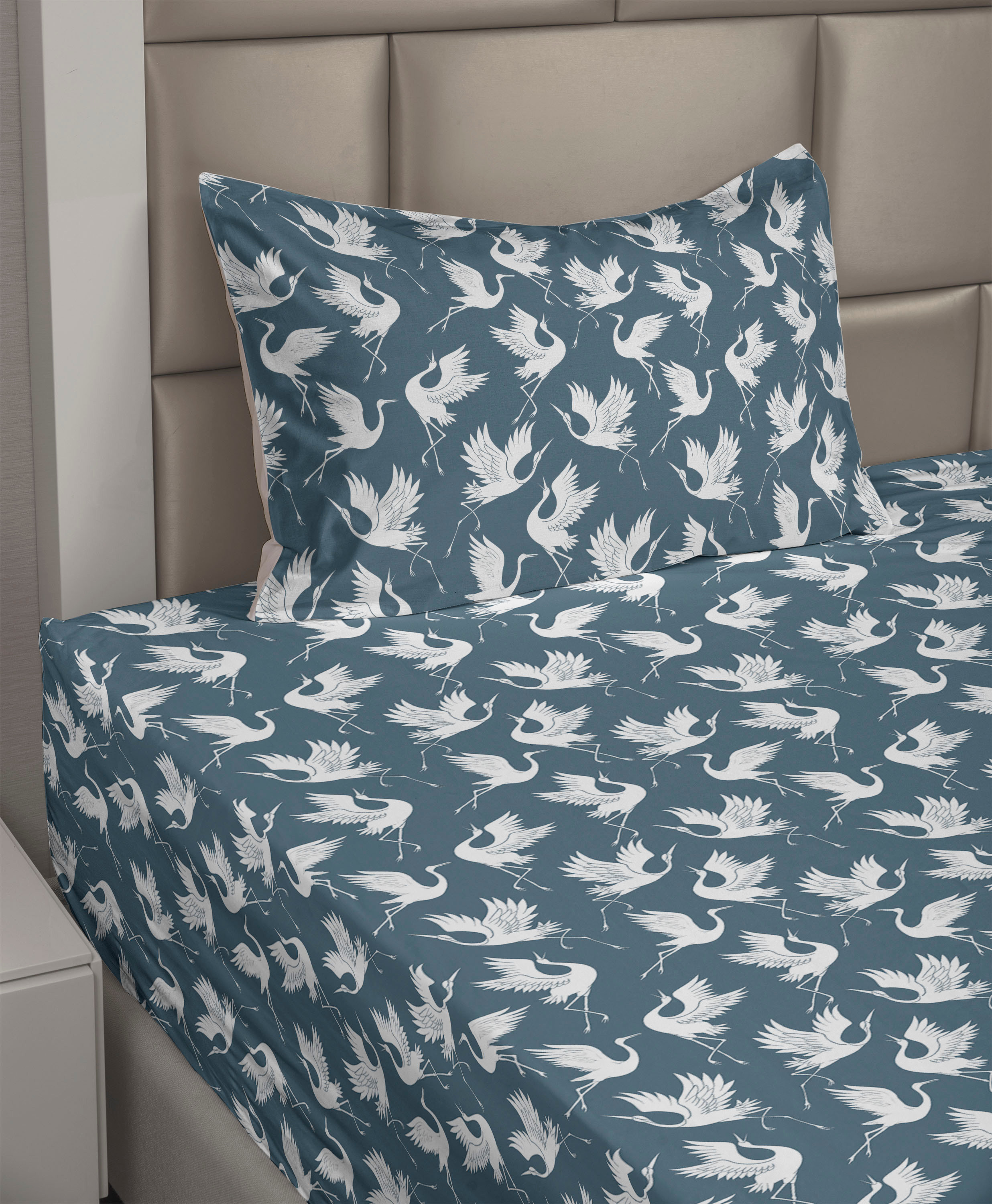 Ambesonne Bird Print Sheet Set Retro Exotic Crane Asian Dark Cadet Blue ...