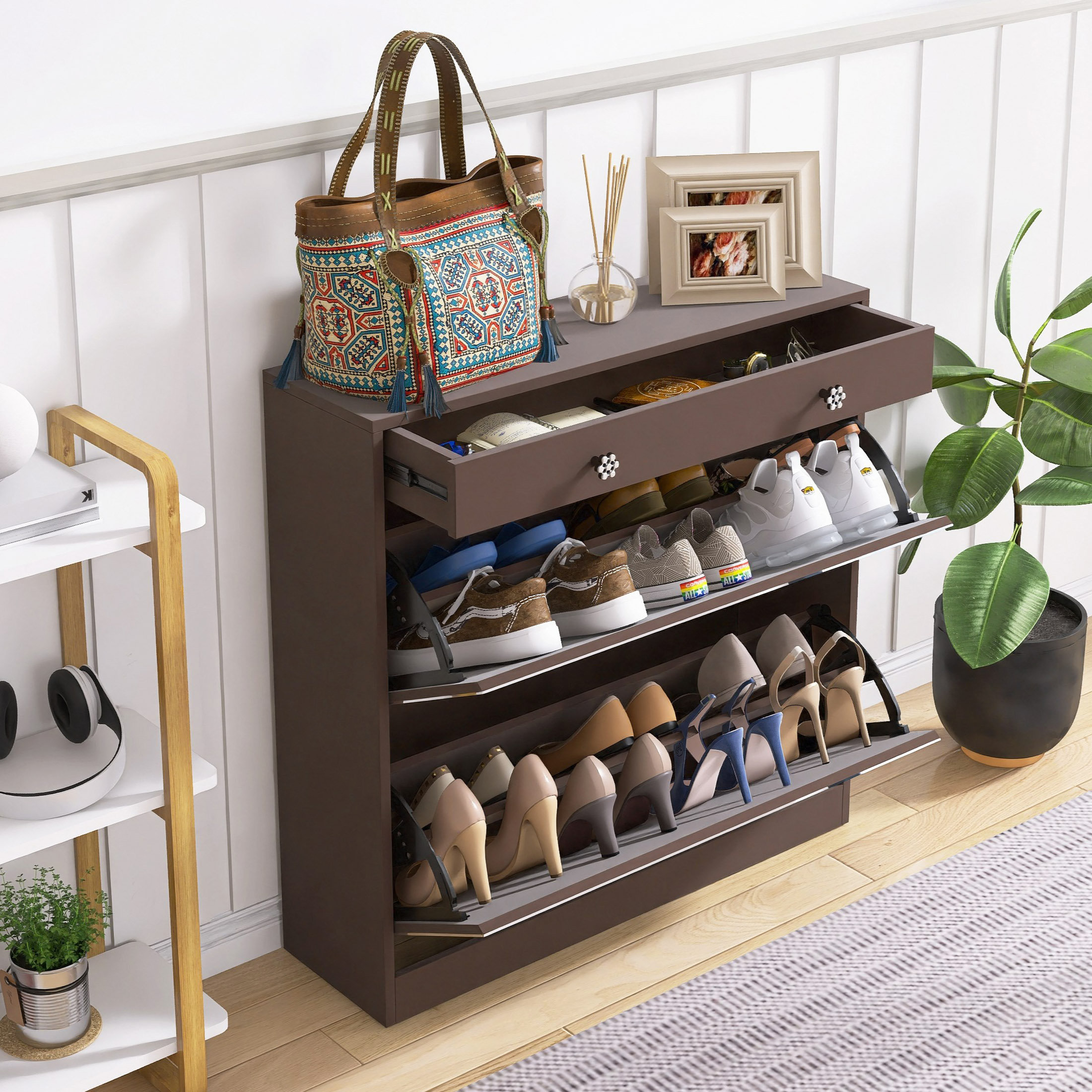 Latitude Run® Mirror Shoe Cabinet With 2 Tier Drawers, Mirror Shoe Rack ...