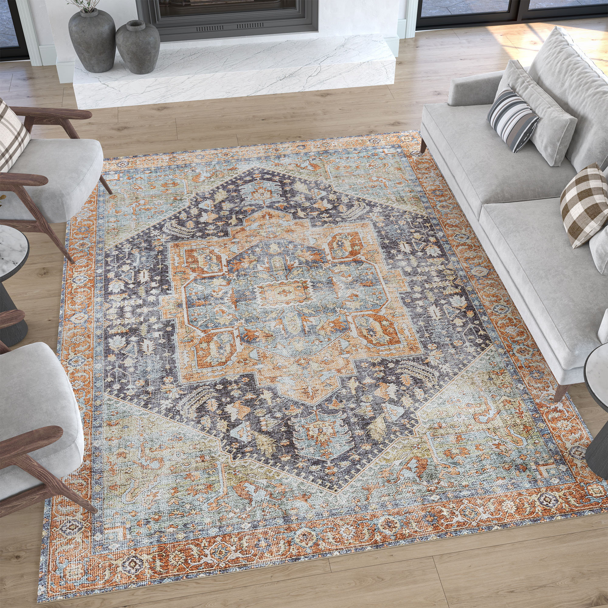 Tayse Rugs Machine Washable Oriental Flatweave Cotton Navy/Orange Area ...