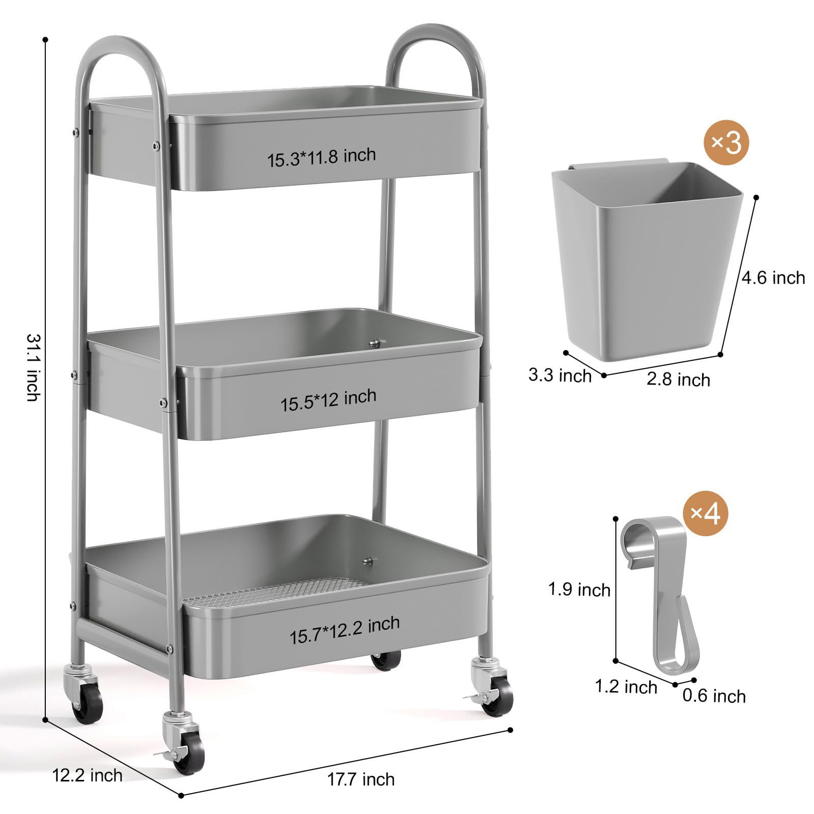 Rebrilliant 3 Tier Grey Metal Mesh Rolling Cart, Storage Cart With ...