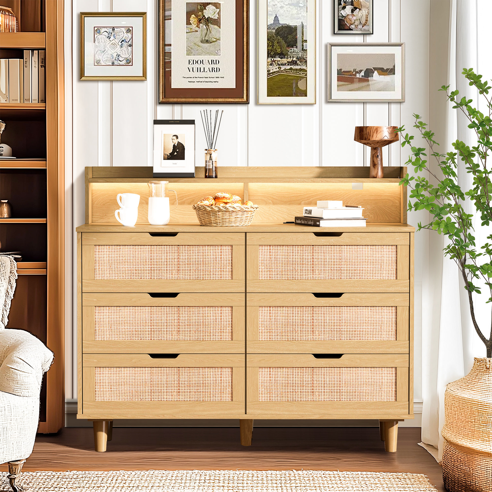 Bay Isle Home™ 6 - Drawer Dresser 43.31'' W Rattan Cabinet with LED ...