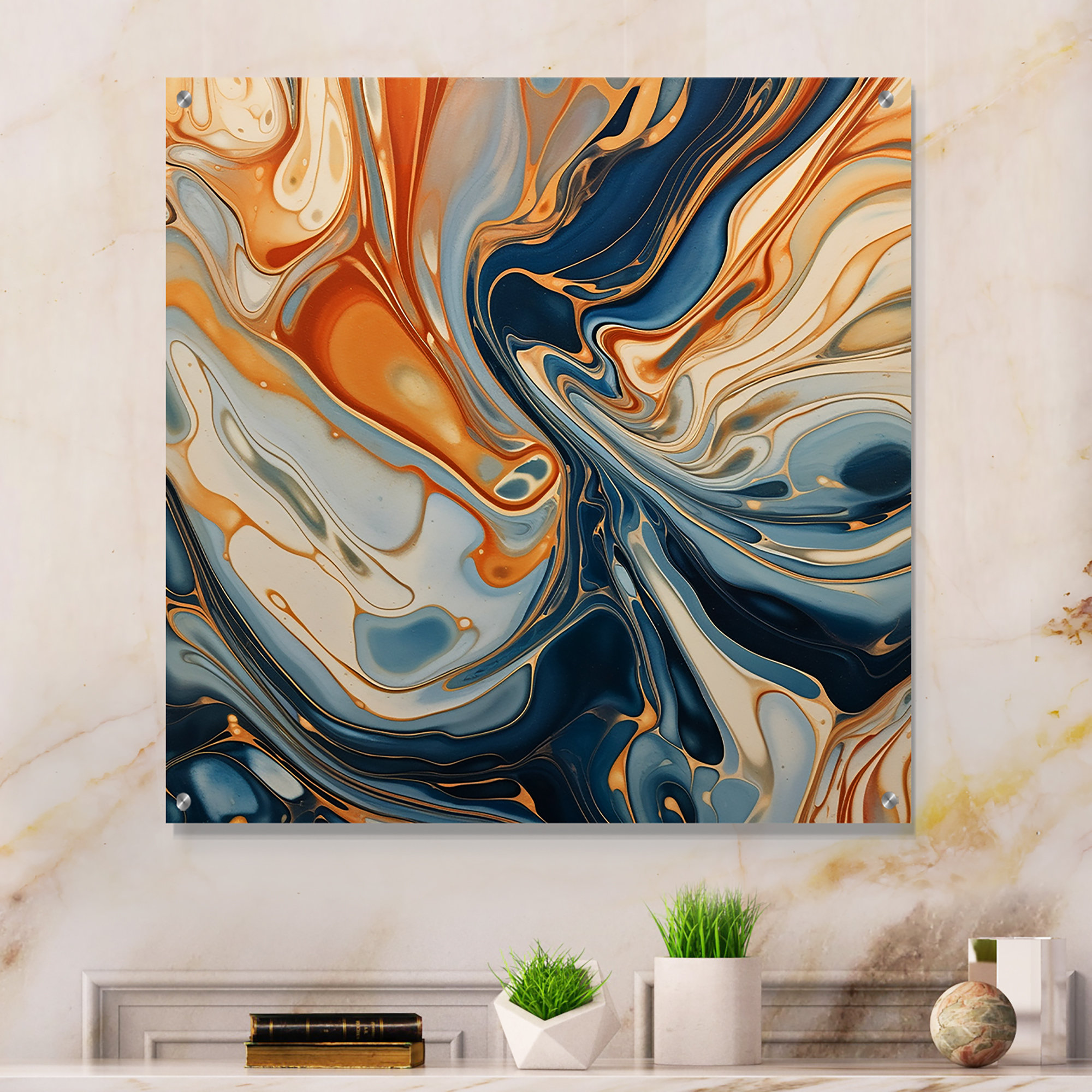 Mercer41 Oshin - Teal Orange Aqua Symphony - Abstract Acrylic Wall Art ...