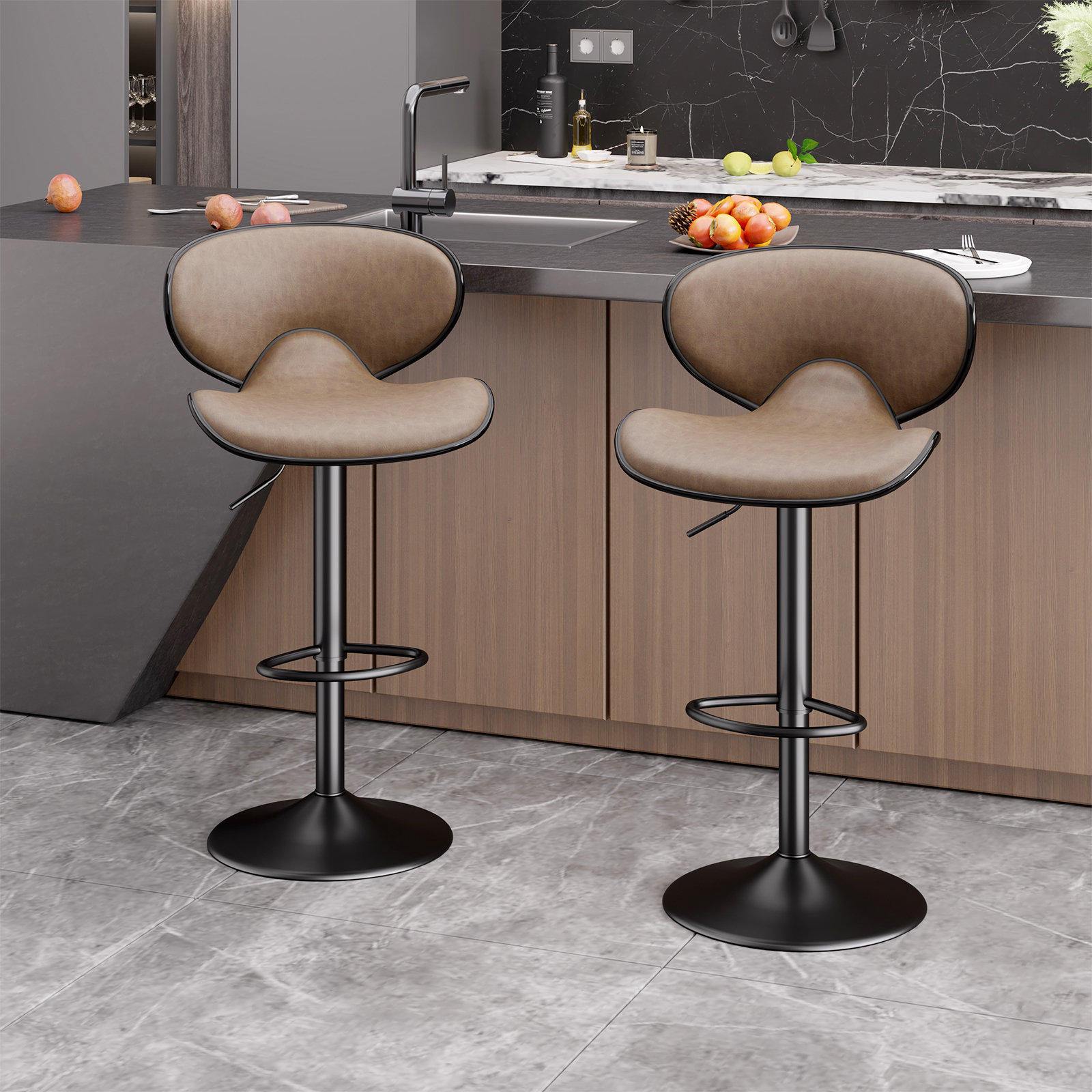 George Oliver Bar Stools Set of 2 Faux Leather Adjustable Kitchen ...