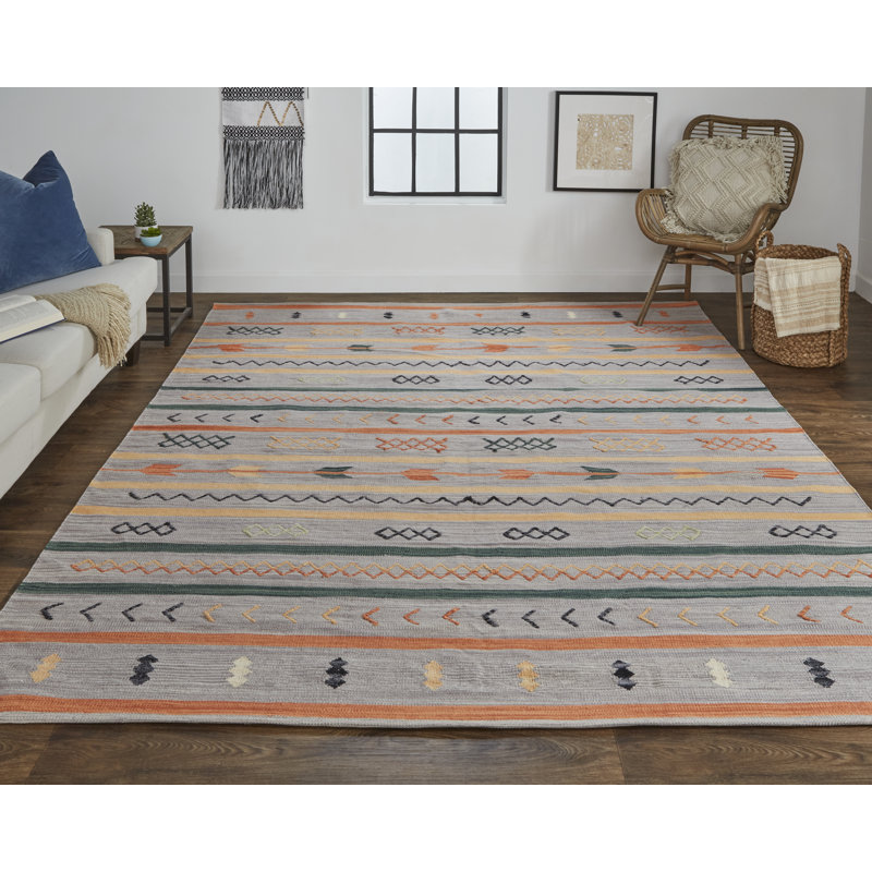 Foundry Select Geometric Handmade Flatweave Gray/Orange Area Rug | Wayfair