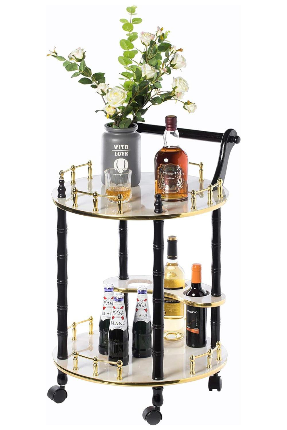 Mercer41 Round Wood Serving Bar Cart Tea Trolley, 2 Tier Shelves ...