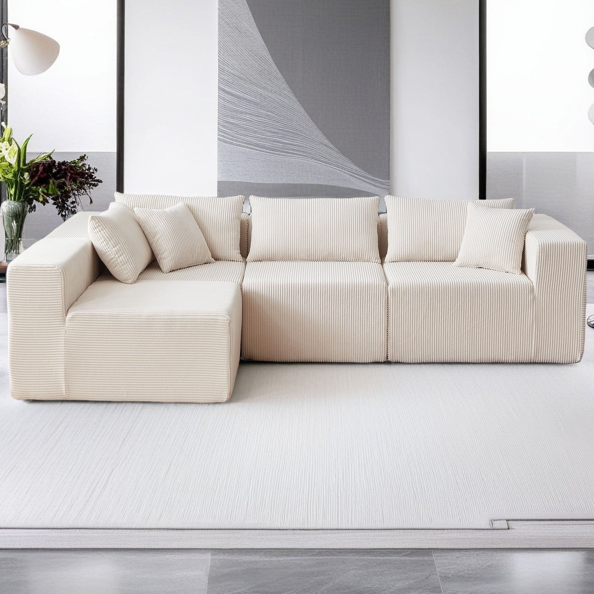 Mercer41 104-Inch Corduroy Modular L Shaped Sectional Sofa,Luxury Floor Couch Set,Upholstered ...