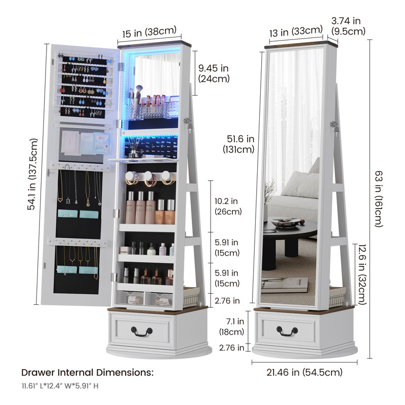 Alcott Hill® Jewelry Armoire Cabinet With Mirror, Led Lights, Rotating ...