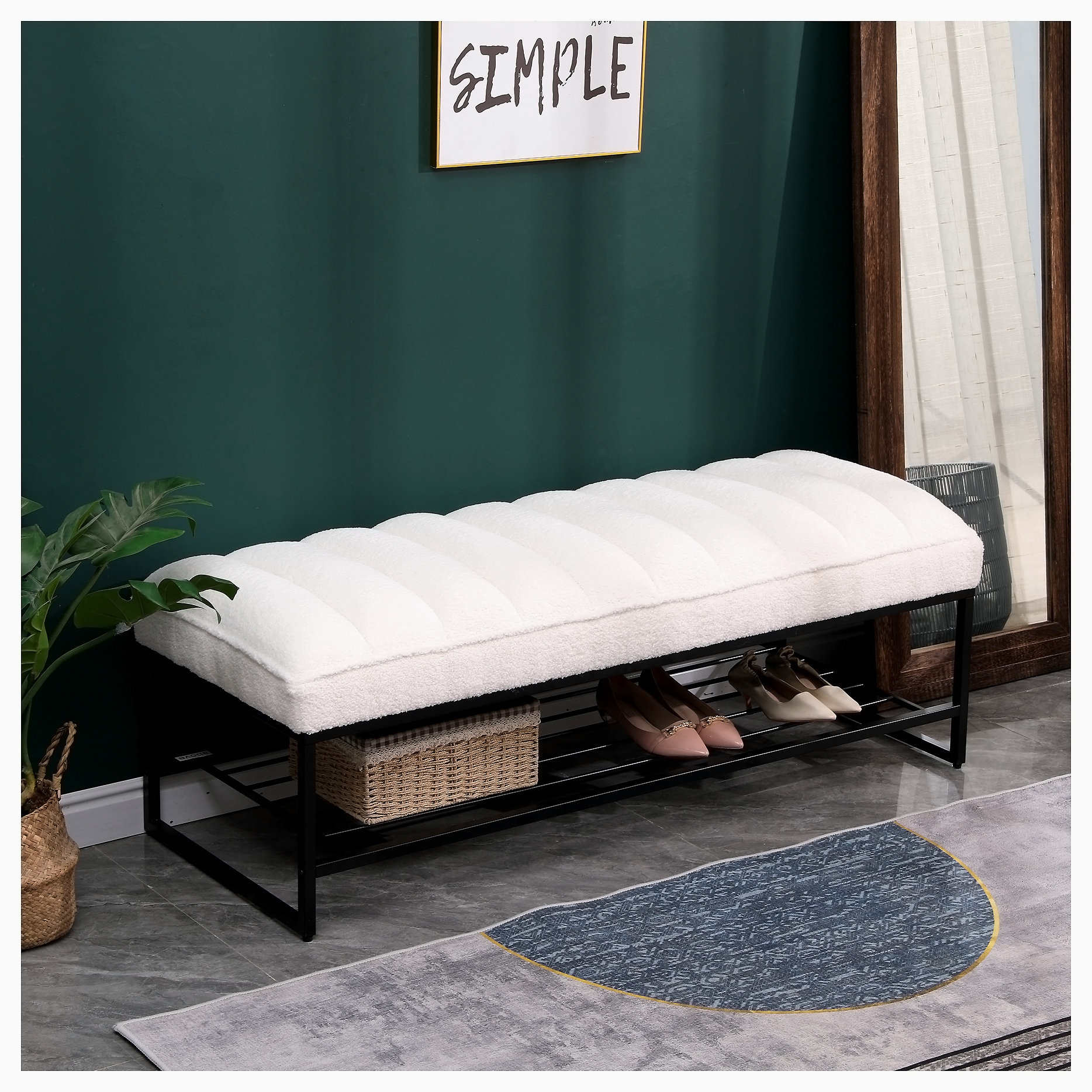 Ebern Designs Tufted Bench with Metal Shelf White Sherpa Benches End of ...