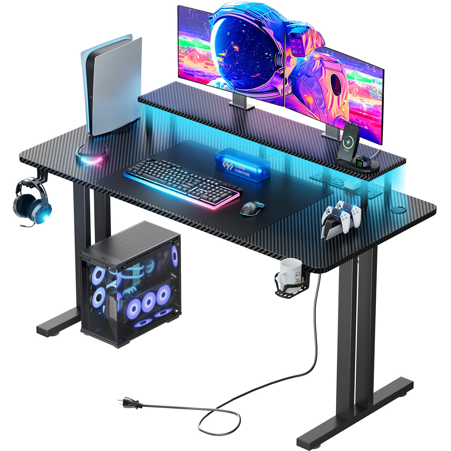 Inbox Zero Gaming Desk with LED Lights & Power Outlet, Computer Desk ...
