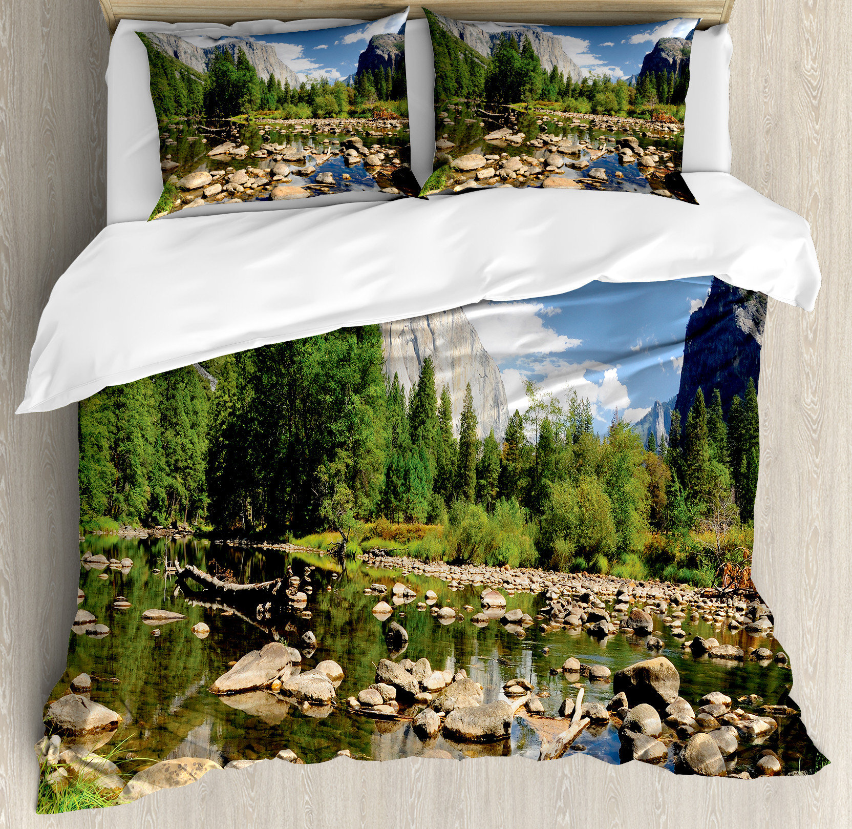 Ambesonne Nature Duvet Cover Set, Yosemite Forest River, Calking, Green ...