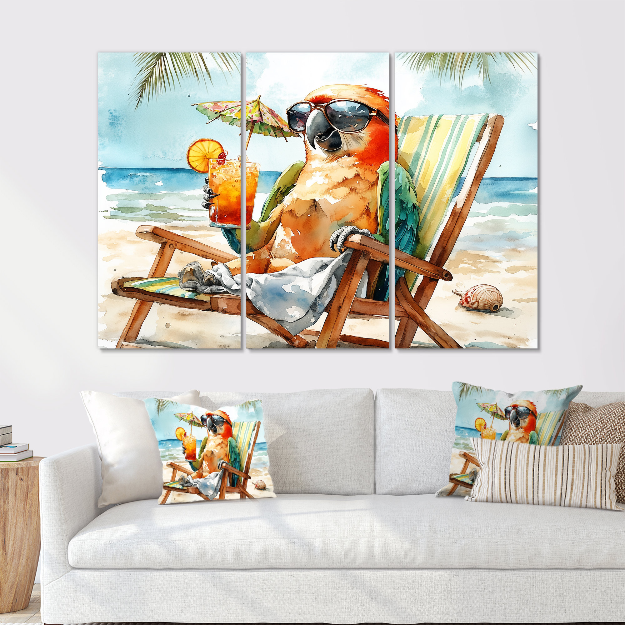 Design Art Parrot On The Beach Lounging - Coastal Animal Wall Art Print ...
